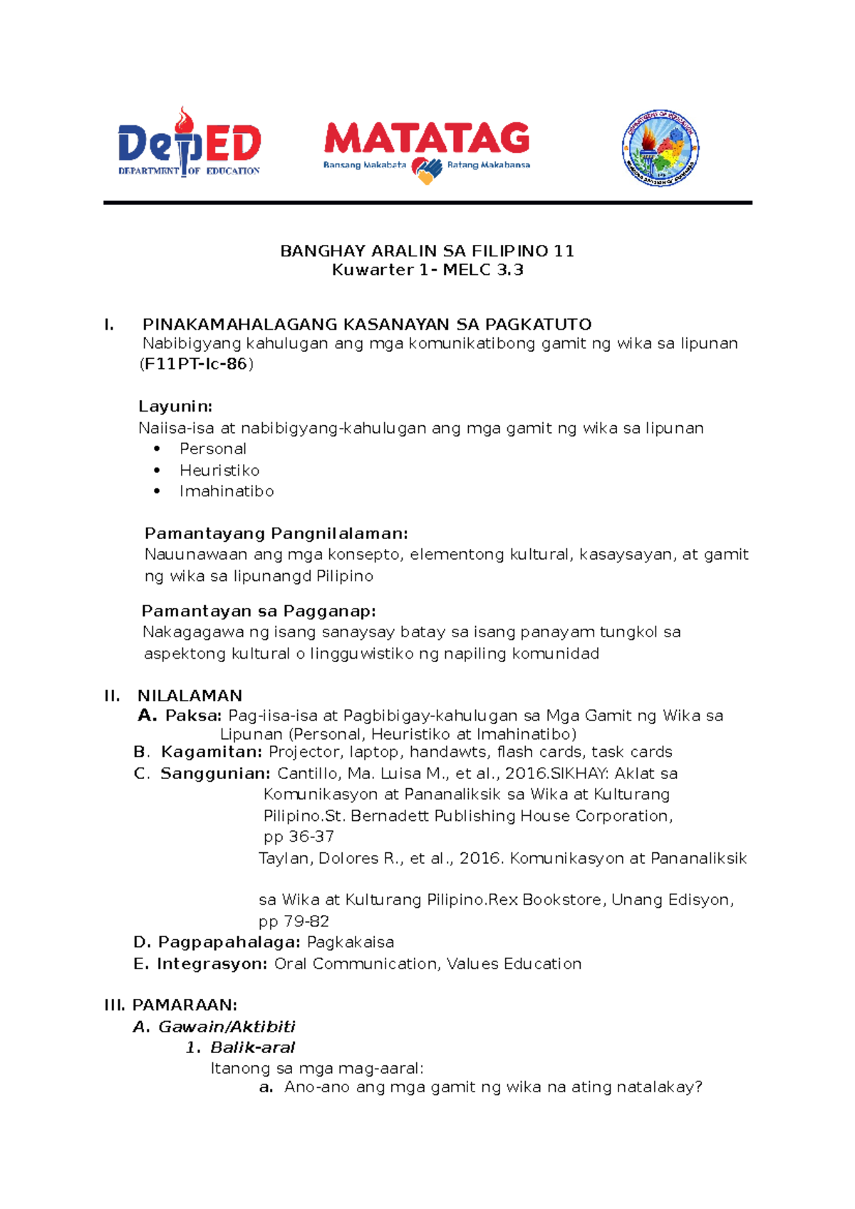 Fil11 KOM LP W3 Melc3 - Lesson Plan - BANGHAY ARALIN SA FILIPINO 11 ...