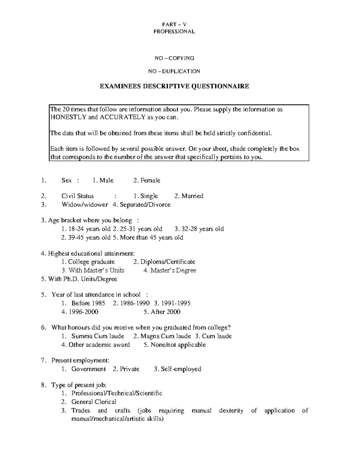 Civil Service Reviewer Part I - PART – V PROFESSIONAL NO – COPYING NO ...