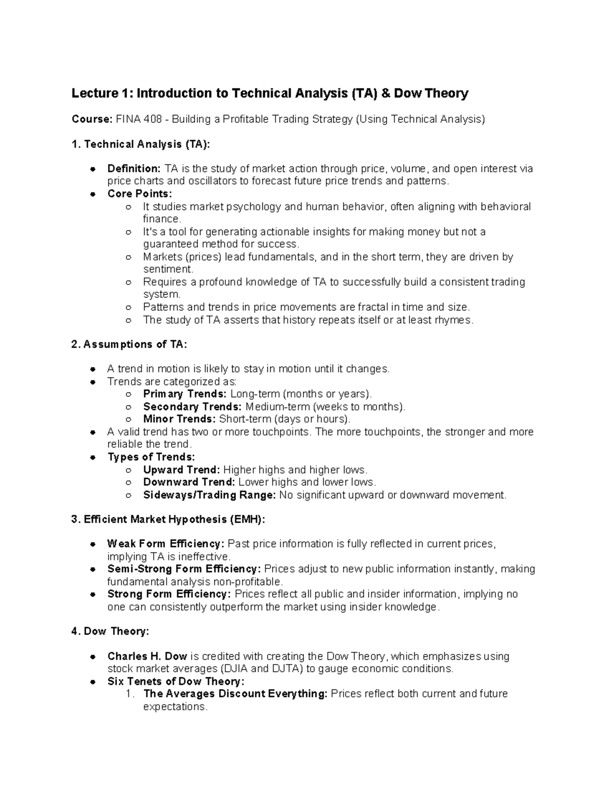Lecture 1 Introduction to Technical Analysis (TA) & Dow Theory ...