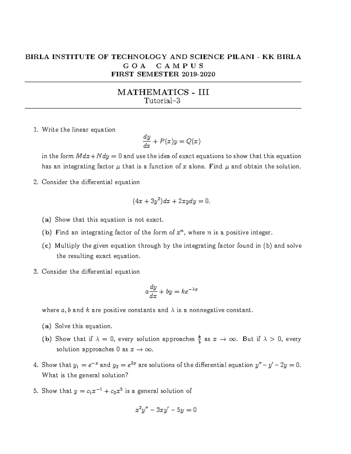 Tutorial-3 - Questions - BIRLA INSTITUTE OF TECHNOLOGY AND SCIENCE ...