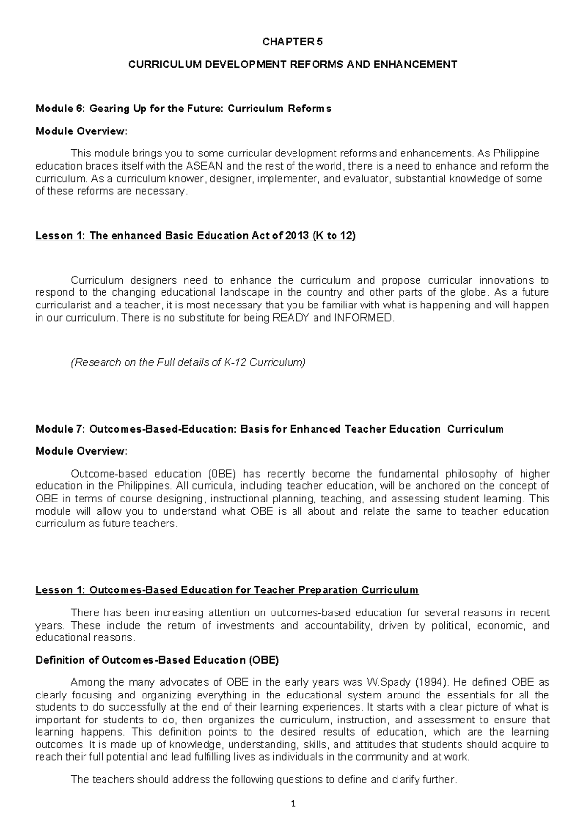 Chapter 5 Modules 6 8 - Notes - CHAPTER 5 CURRICULUM DEVELOPMENT ...