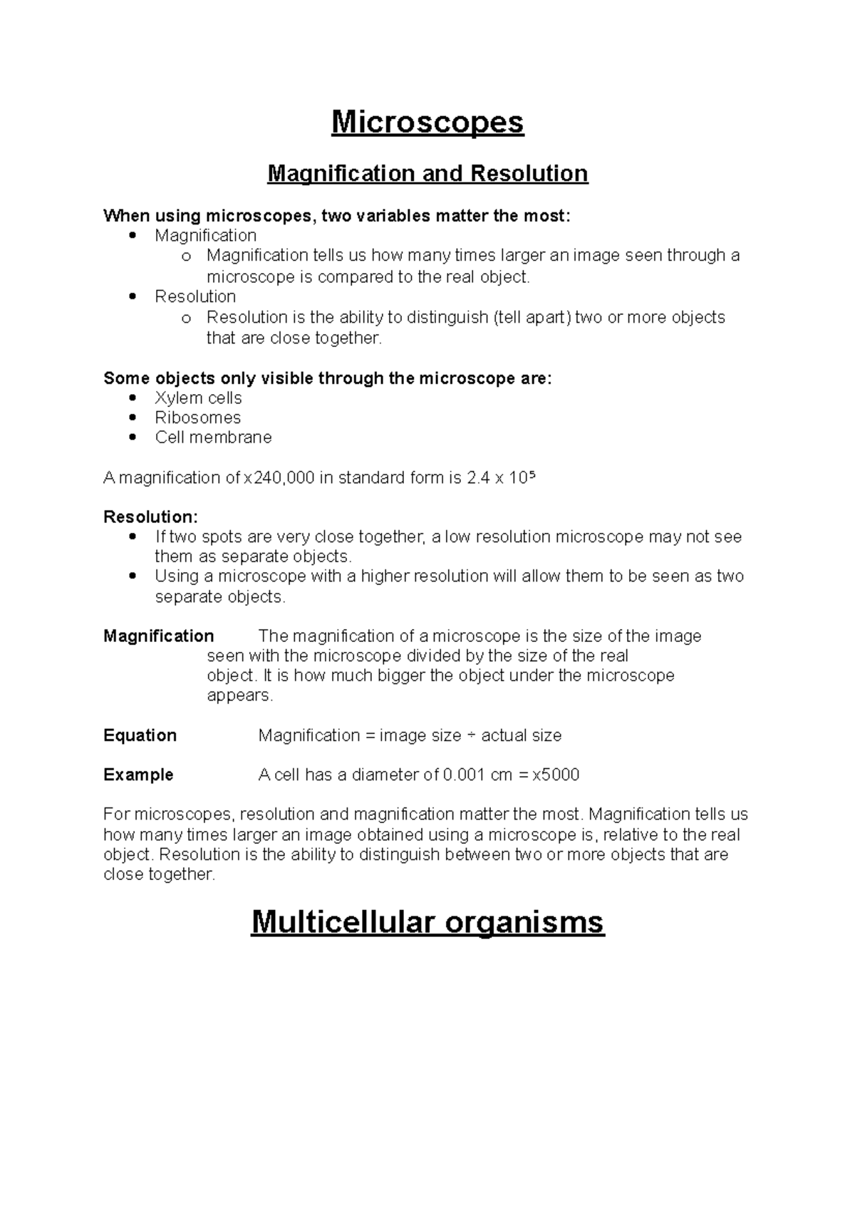Cells - Notes - Microscopes Magnification and Resolution When using ...