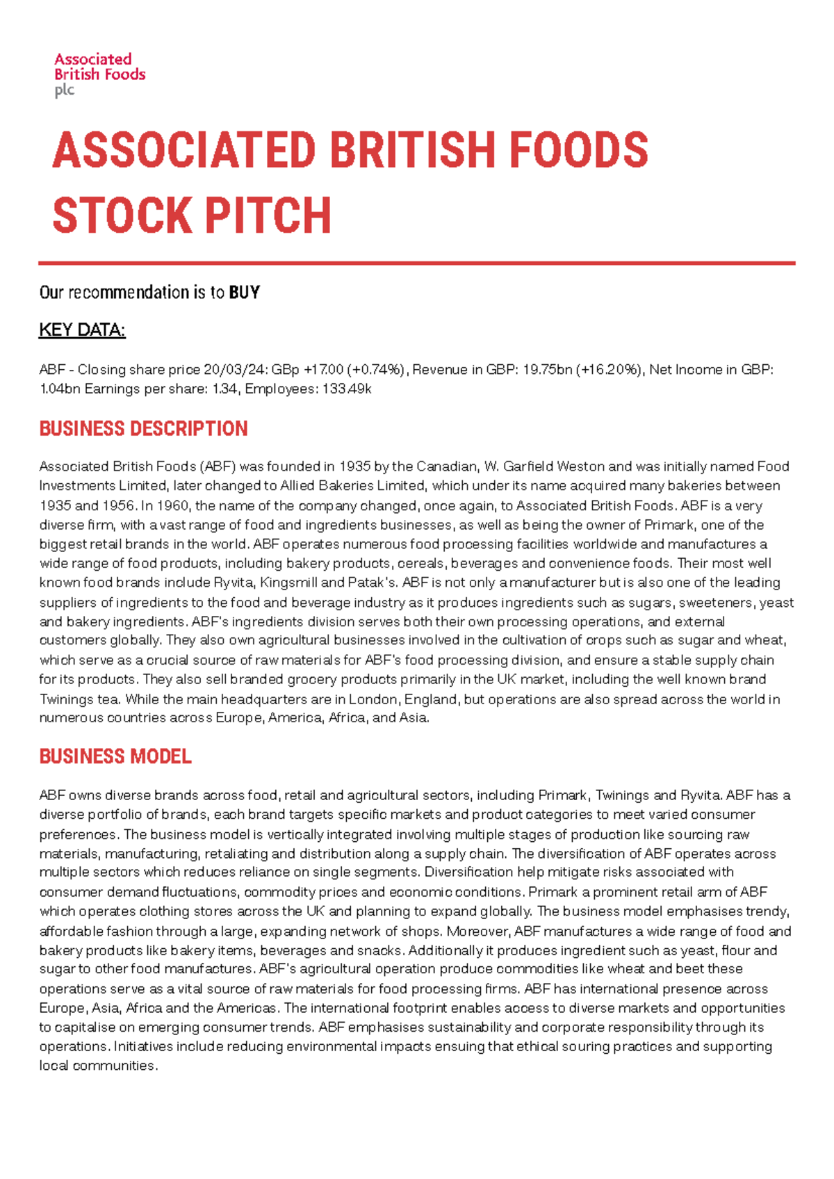 Associated British Foods Stock Pitch - Our recommendation is to BUY KEY ...