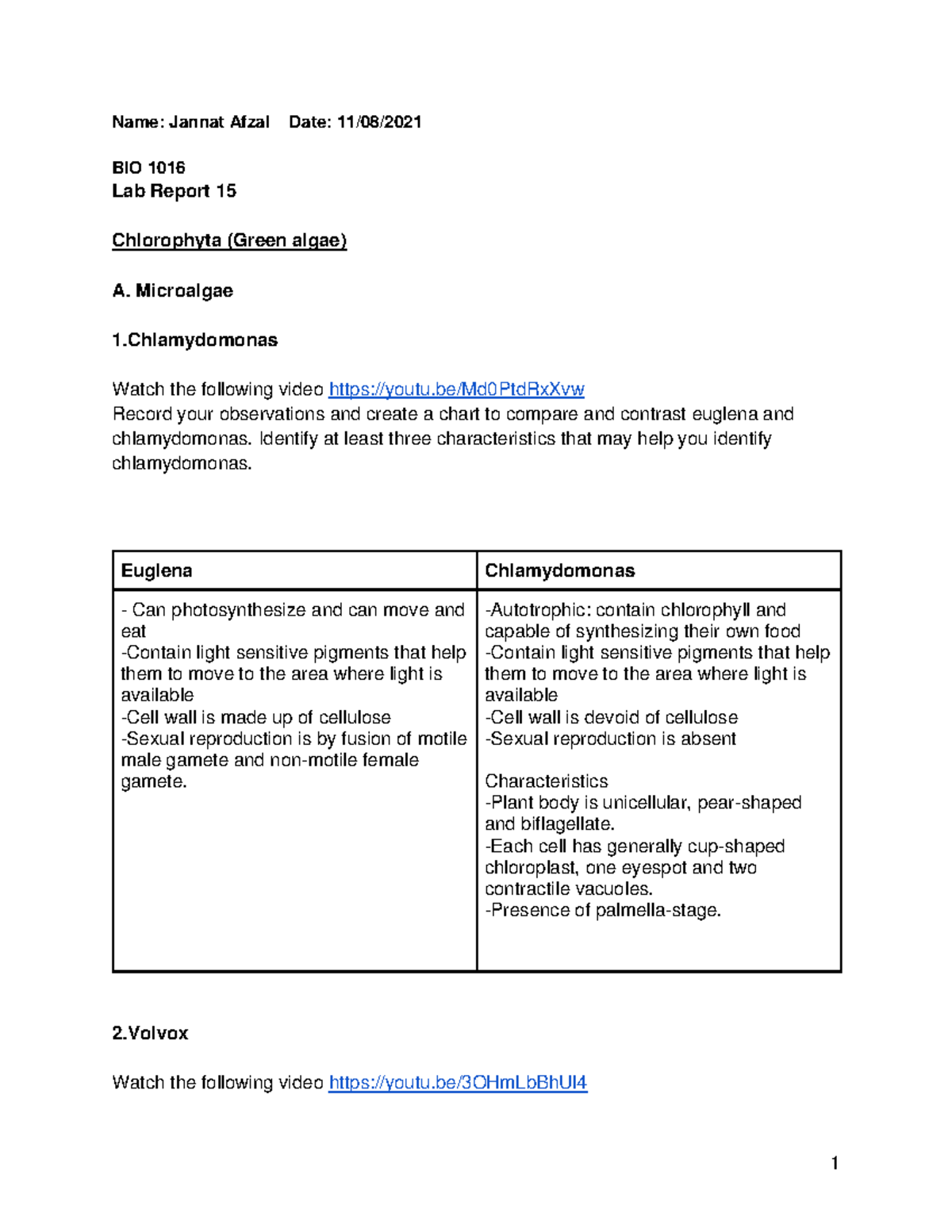 BIO 1016 Lab Report 15 Algae - Name: Jannat Afzal Date: 11/08/ BIO 1016 ...