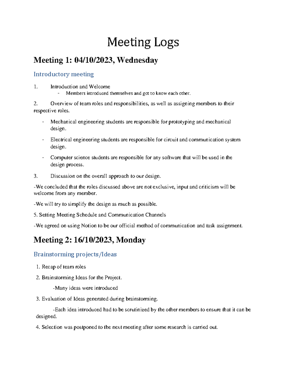Meeting logs - Meeting Logs Meeting 1: 04/10/2023, Wednesday ...
