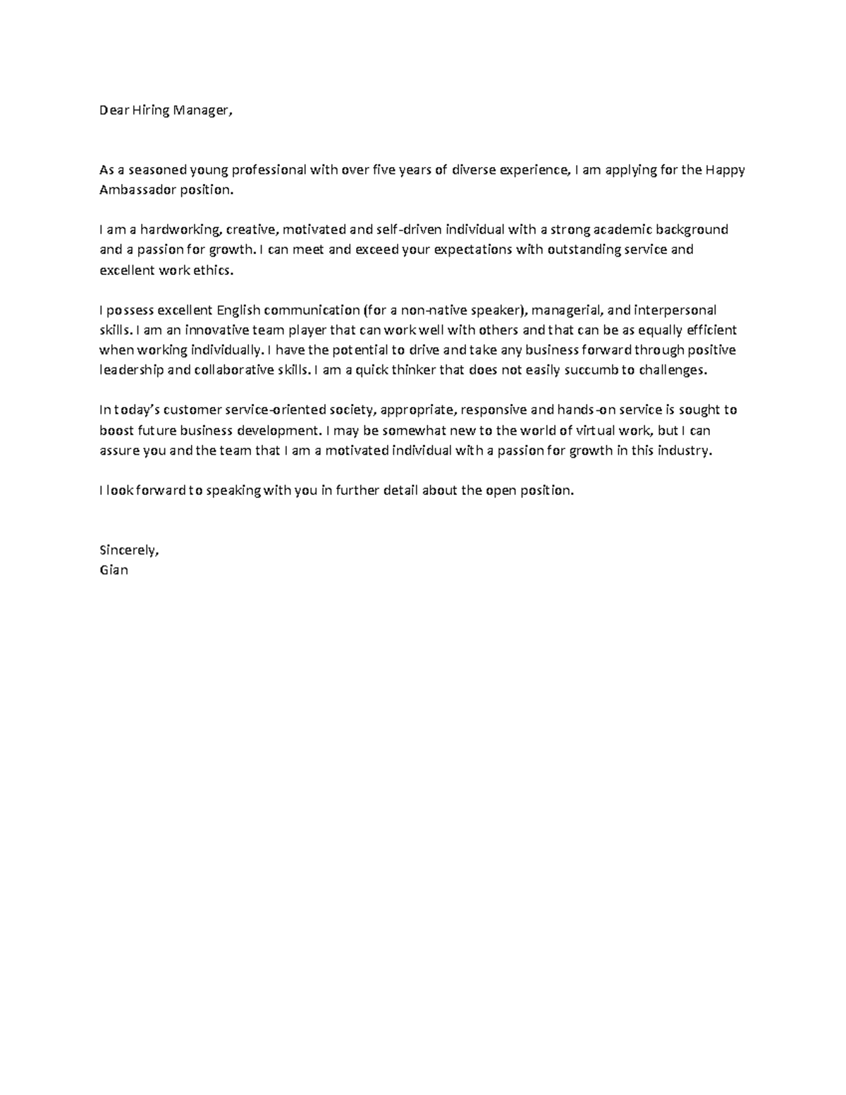 Cover Letter Sample - Dear Hiring Manager, As a seasoned young ...