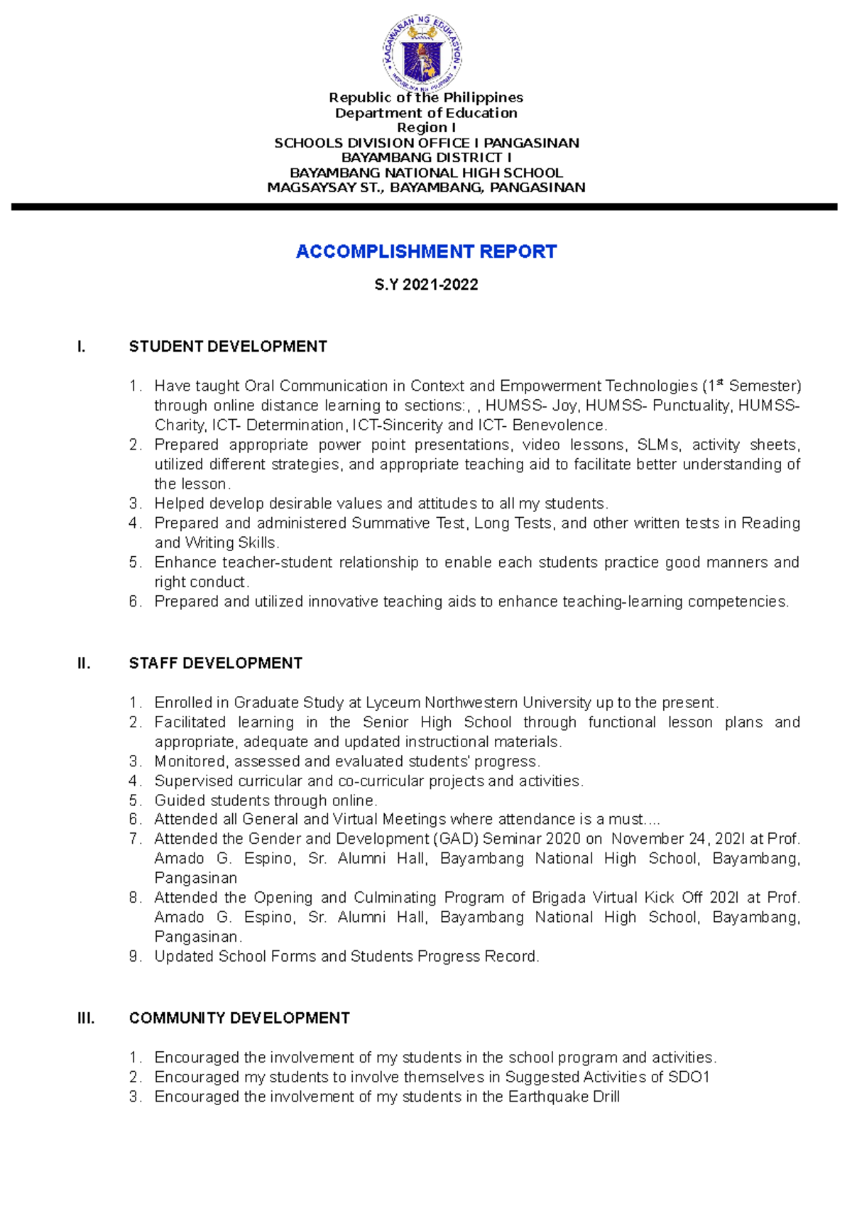 Accomplishment Report She Bigaw SY 2021 2022 - Department of Education ...