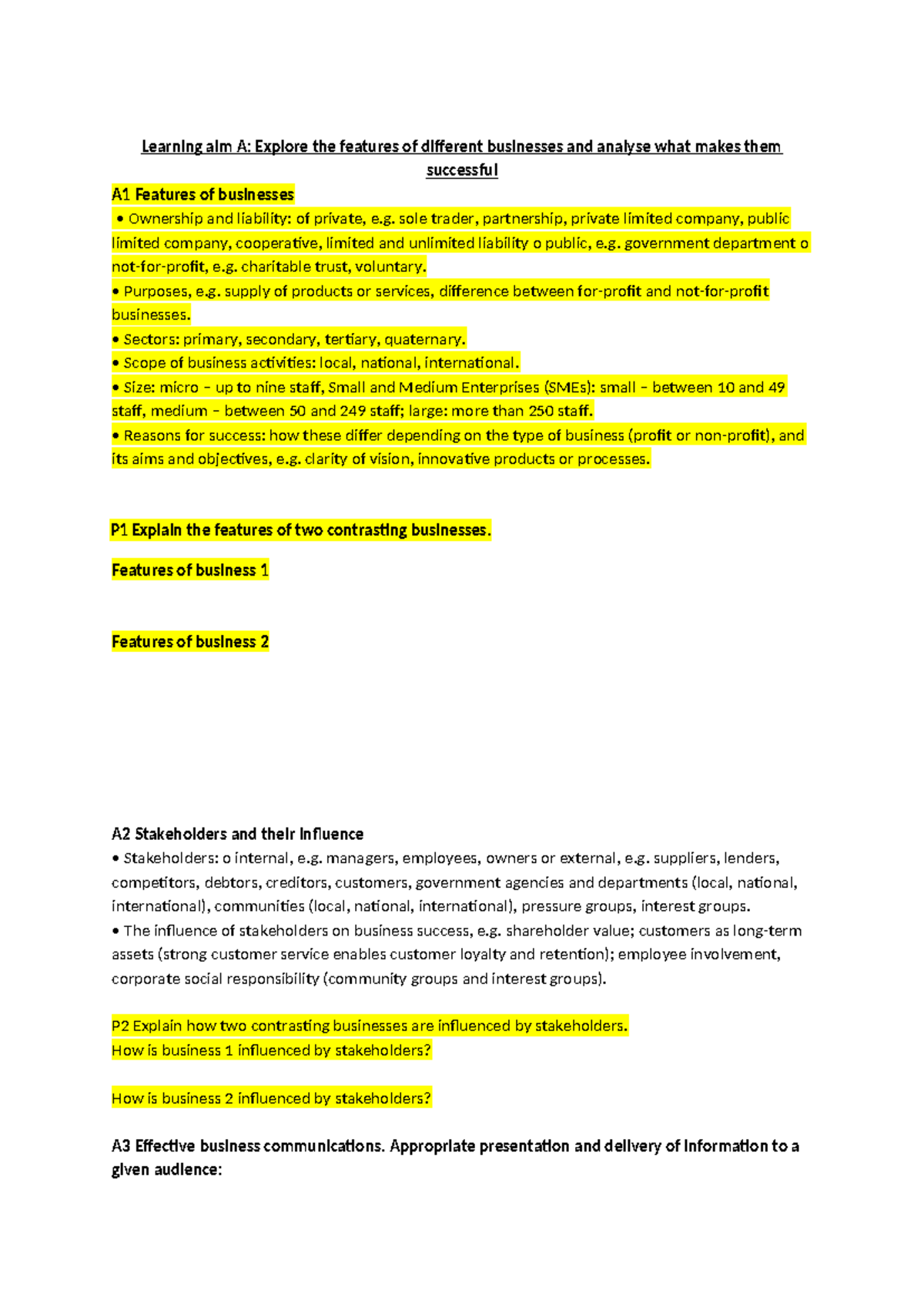 Unit 1 Writing framework Learning Aim A and B - Learning aim A: Explore ...