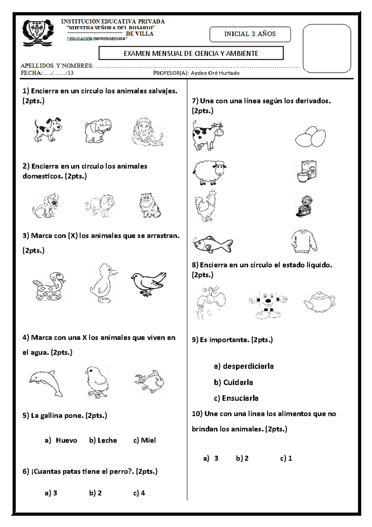 Examen Mensual C A 29-8-13 - Encierra en un circulo los animales ...