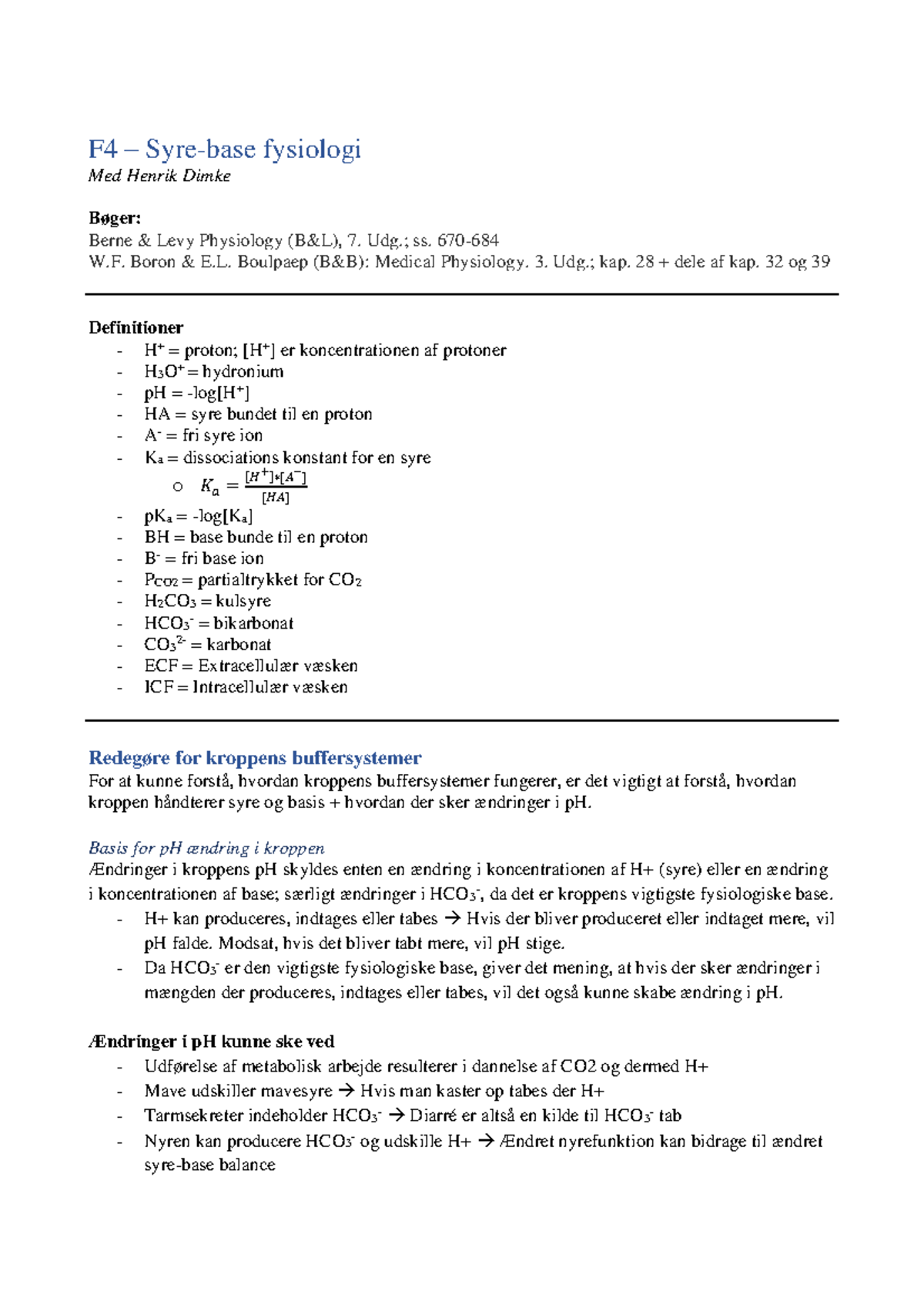 Læringsmål - Syre-base - F 4 – Syre-base fysiologi Med Henrik Dimke ...