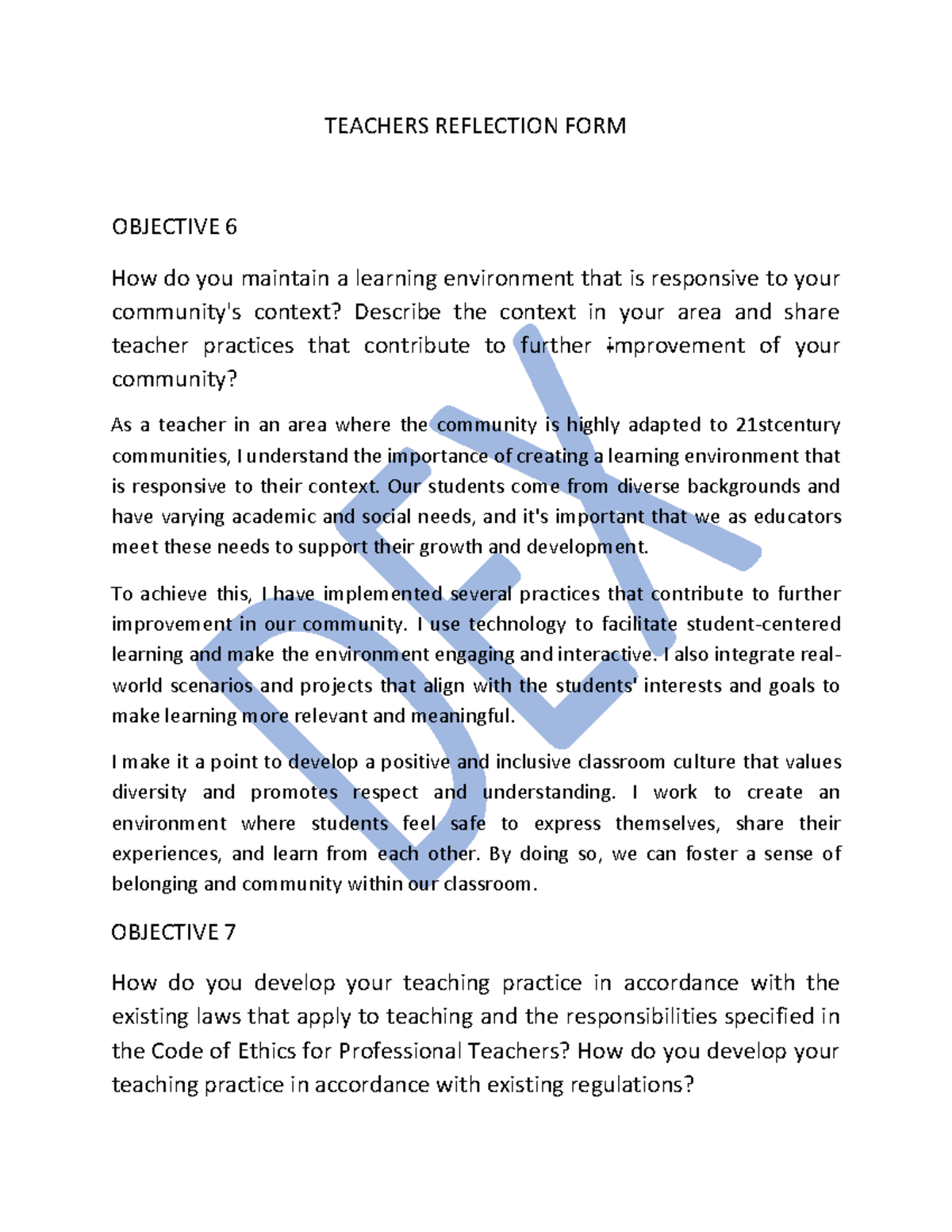 TRF CITY( First) - TEACHERS REFLECTION FORM OBJECTIVE 6 How do you ...