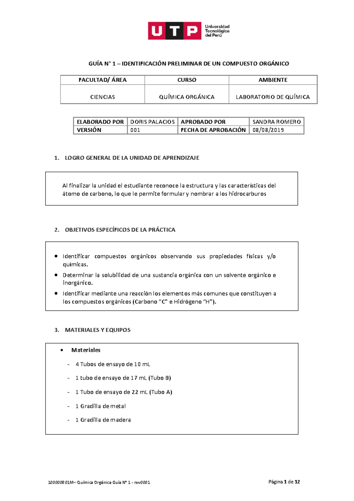 100000 B01M-GUIA N°1- Labquimi 01- Identificacion Prelimi. DE Compuesto Organico - GUÍA N° 1 ...