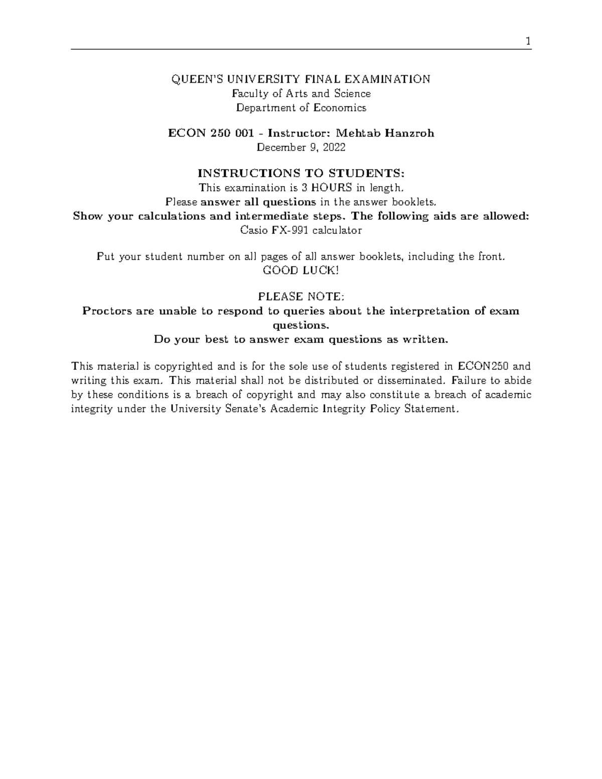 Final Exam - QUEEN’S UNIVERSITY FINAL EXAMINATION Faculty of Arts and Science Department of ...