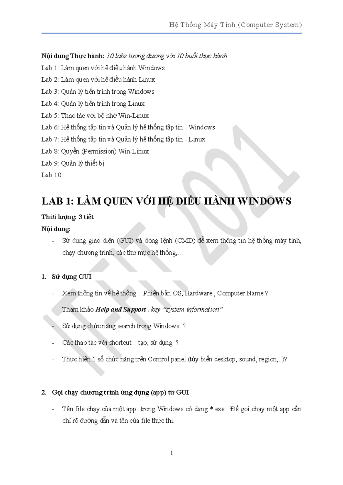 Lab1 lam quen voi hdh Windows - Nội dung Thực hành: 10 labs tương đương với 10 buổi thực hành ...