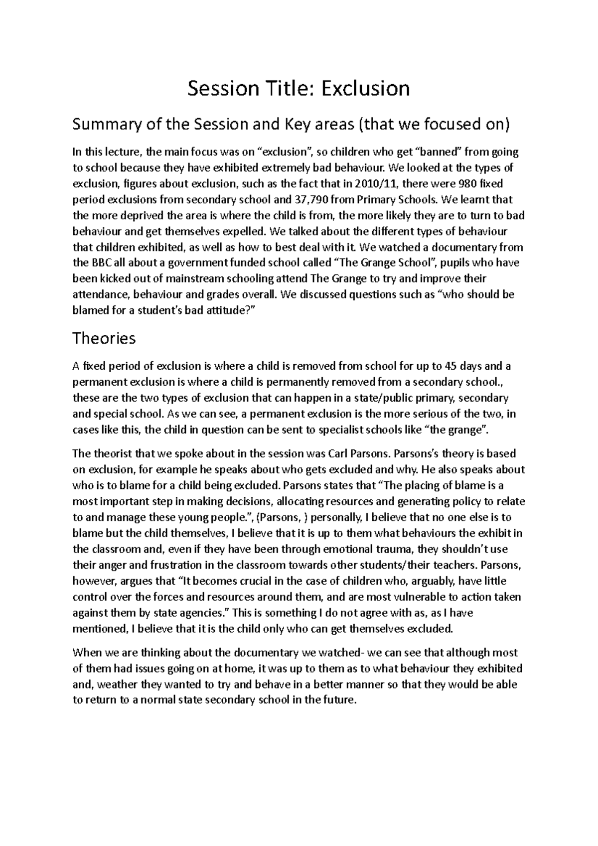 Session Title: Exclusion - Session Title: Exclusion Summary of the ...