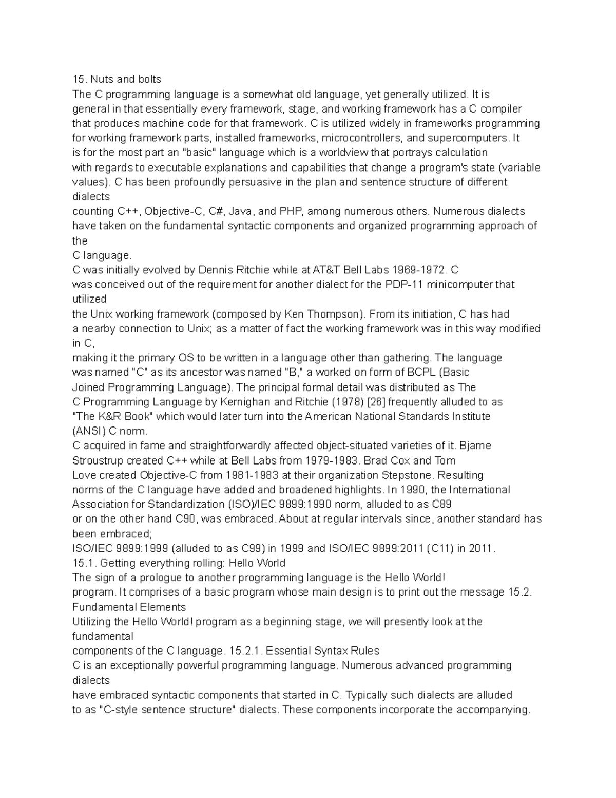 Intro To Computer Science Chpt 15 Notes Nuts And Bolts The C Programming Language Is A
