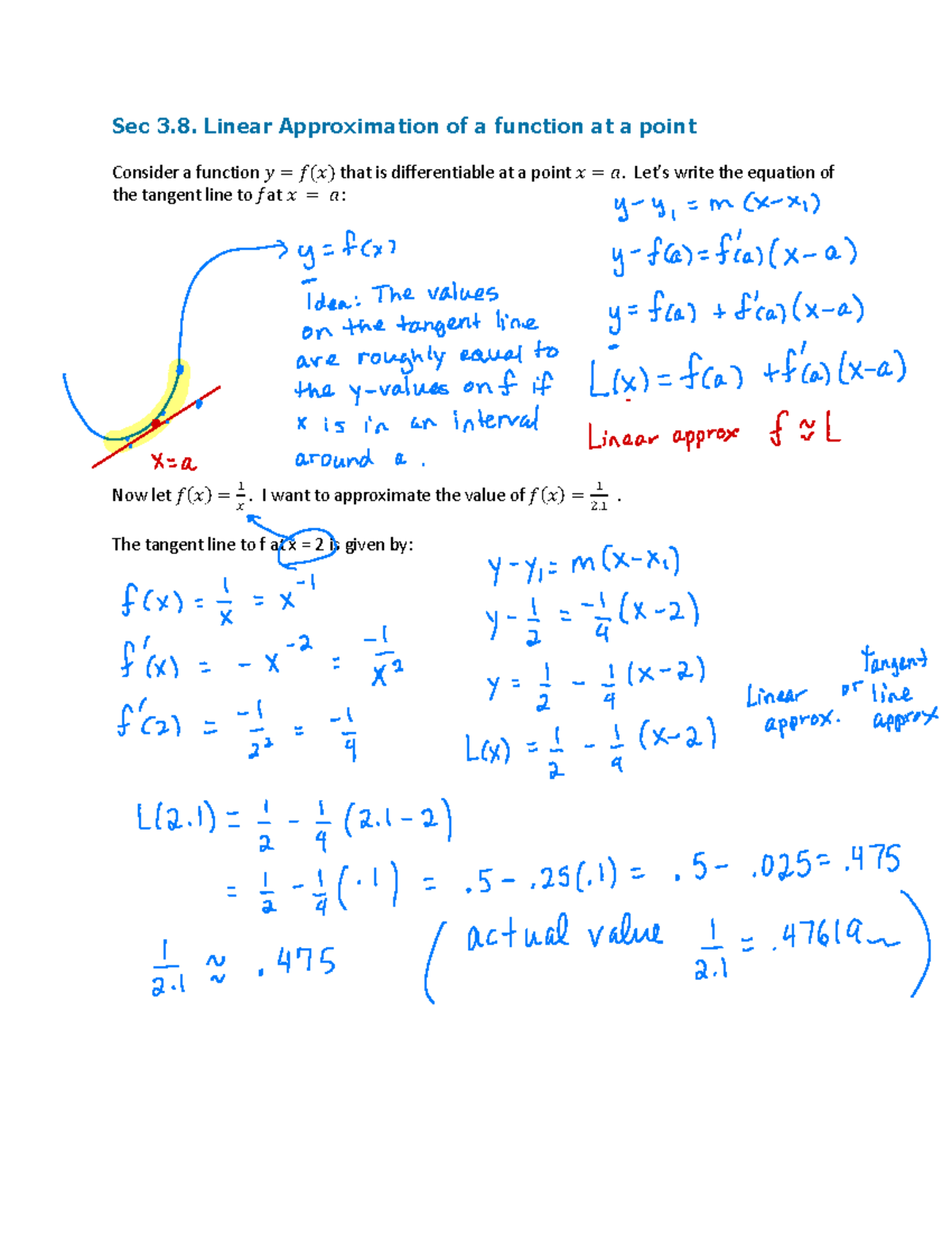 M1451 Sec 3.8 Notes - Review - Sec 3. Linear Approximation of a ...
