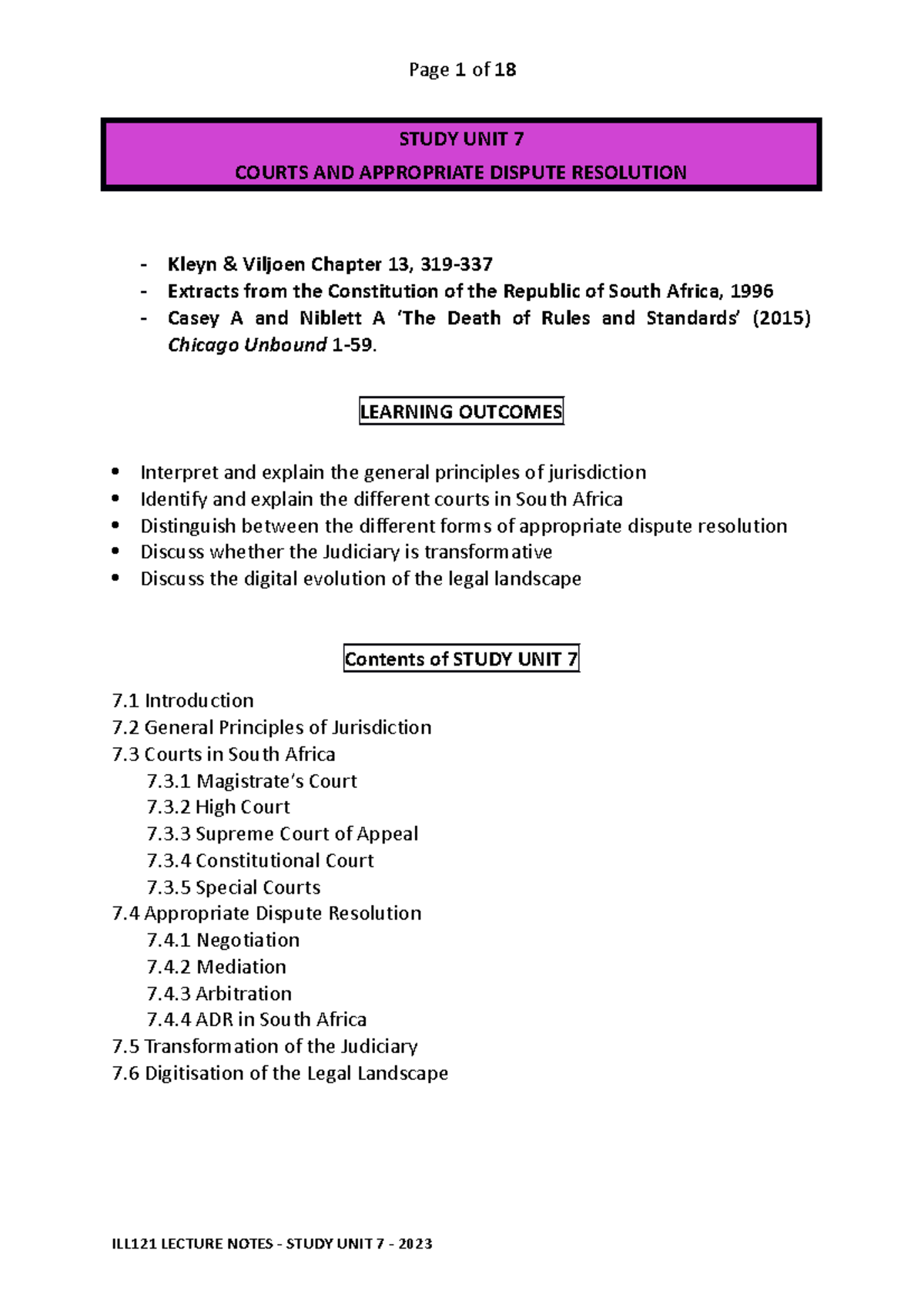 ILL121 Lecture Notes - Study UNIT 7 - 2023 ADR - STUDY UNIT 7 COURTS ...