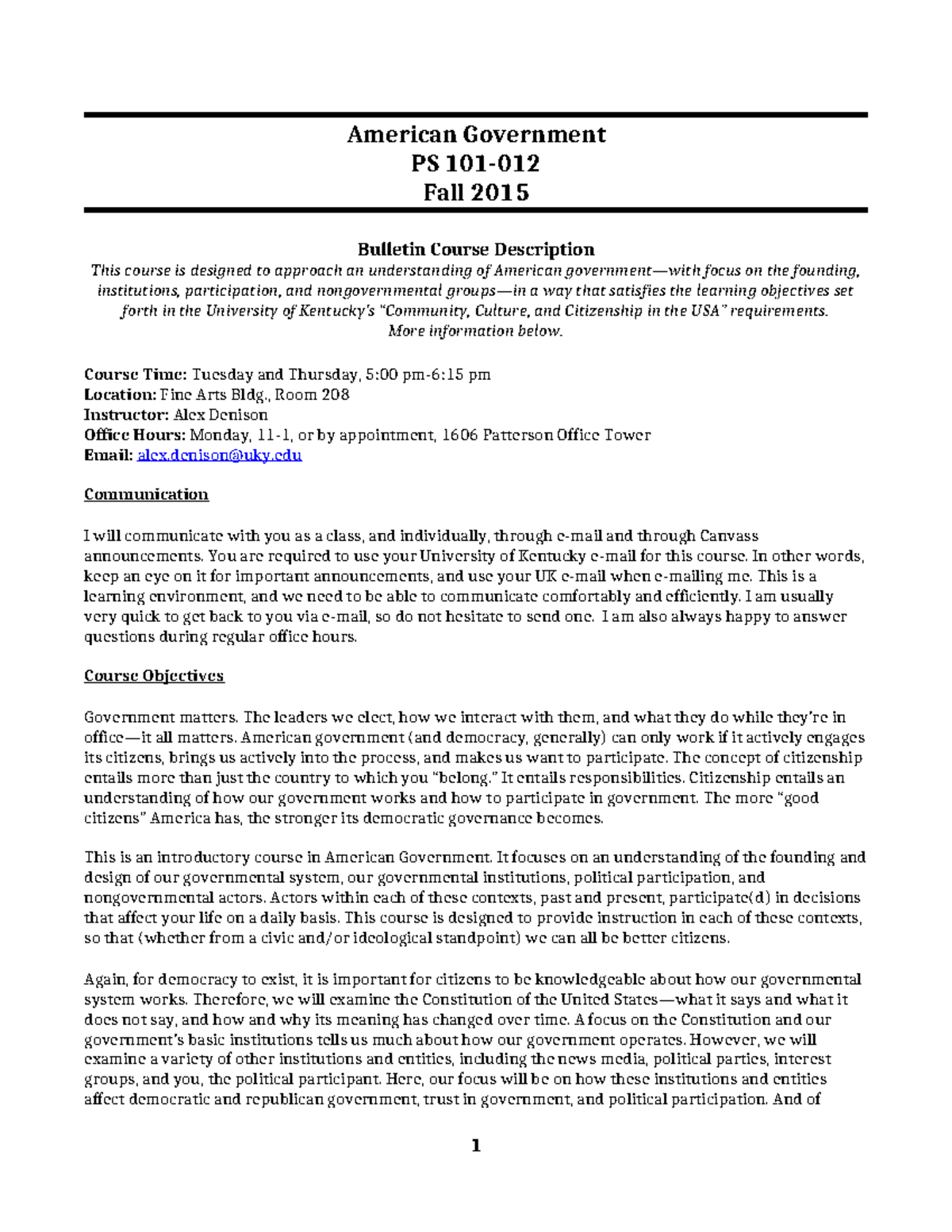 Denison PS101 Fall2015 - American Government PS 101- Fall 2015 Bulletin ...