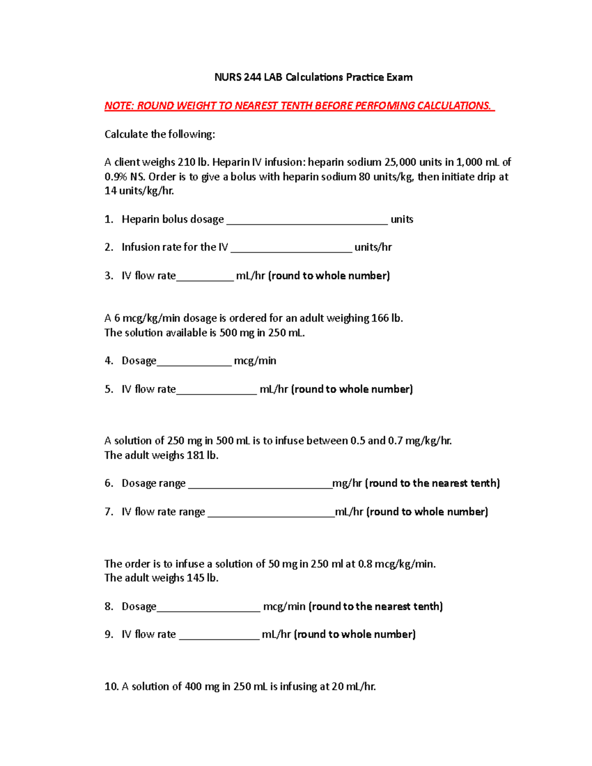 Calculation Practice Fall 2021 - NURS 244 LAB Calculations Practice ...