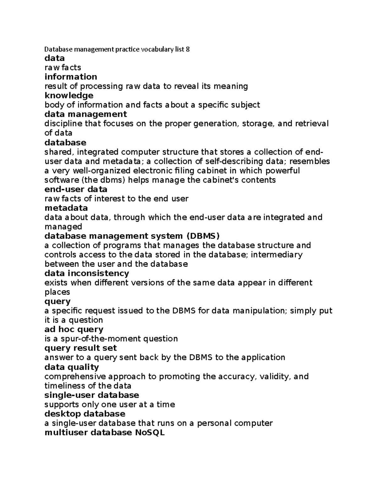 Database Management Practice Vocabulary List 8 Databases That Support This Are Known As Oltp