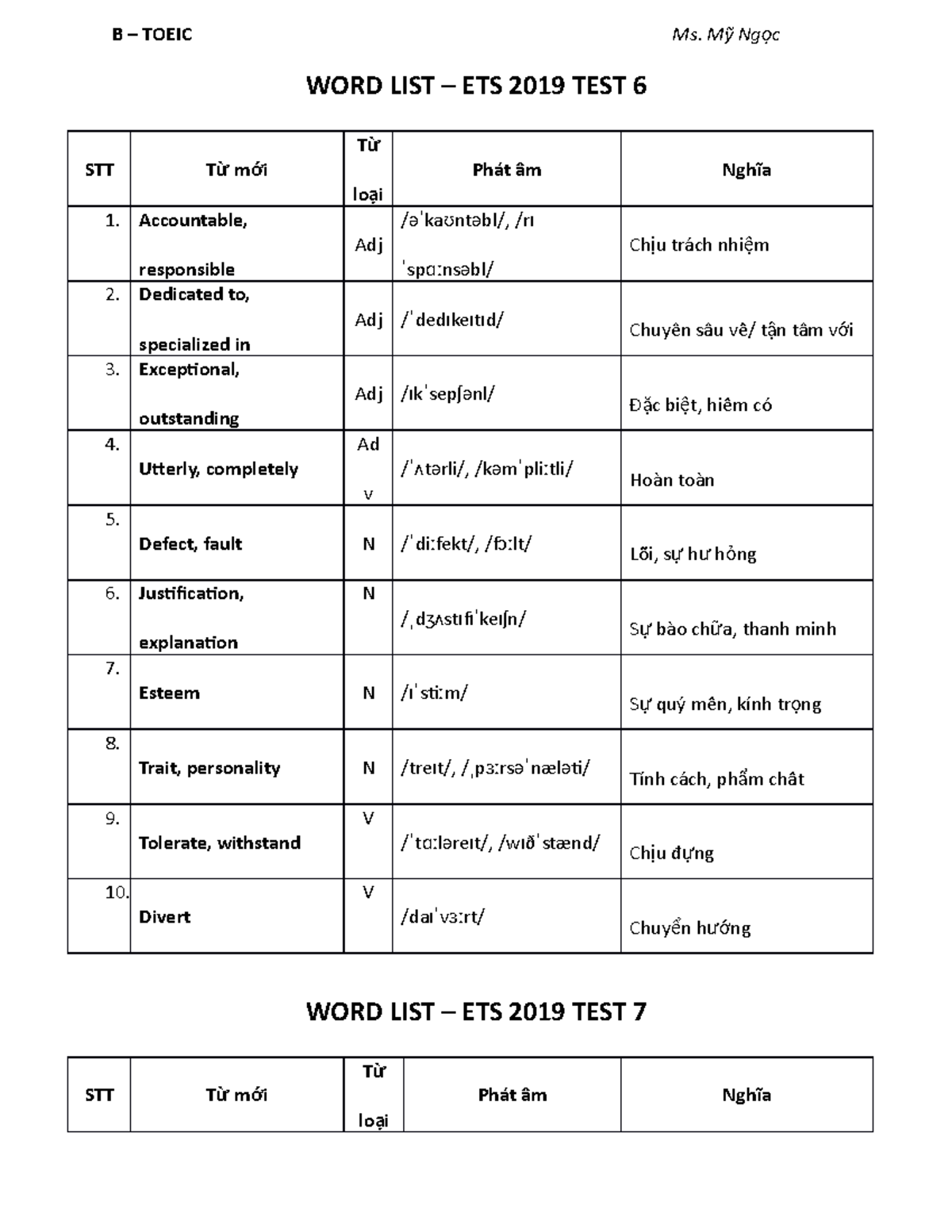 WORD LIST ETS 2019 TEST 6 8 - WORD LIST – ETS 2019 TEST 6 STT T ừ m ới ...