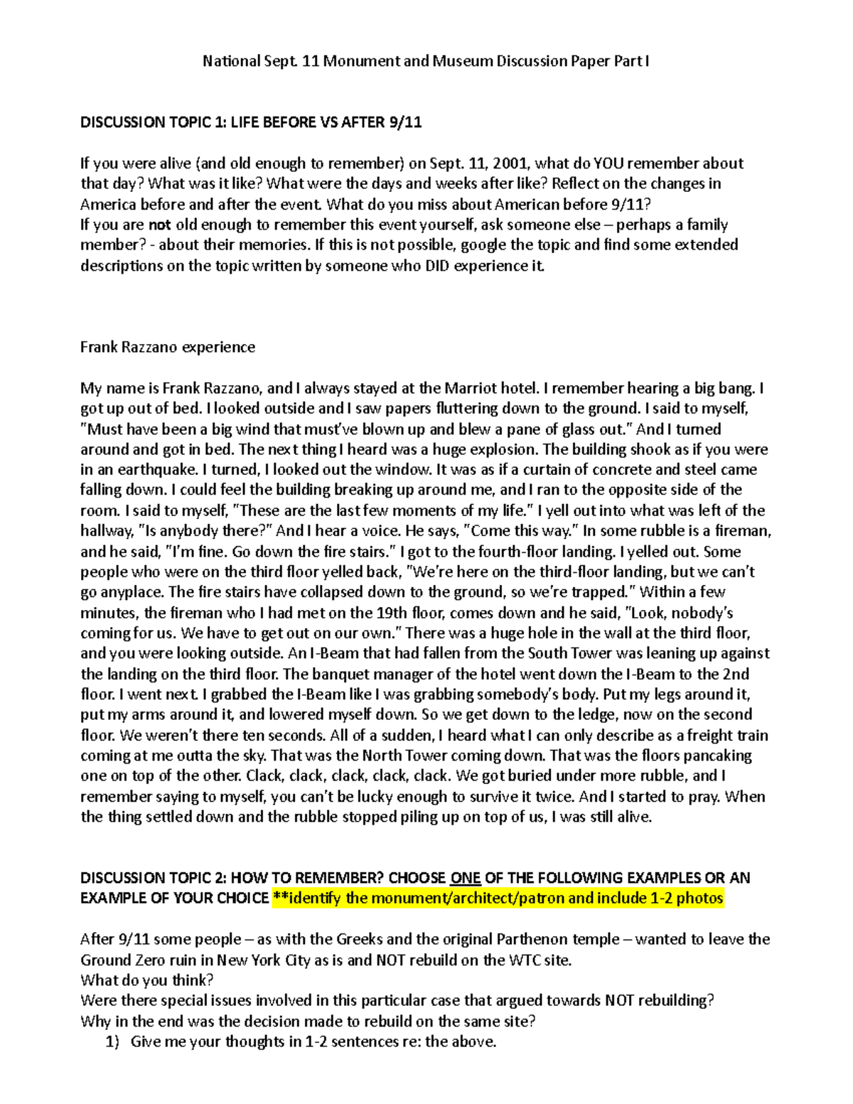 National Sept. 11 Discussion Part I Fall 2022 - National Sept. 11 ...