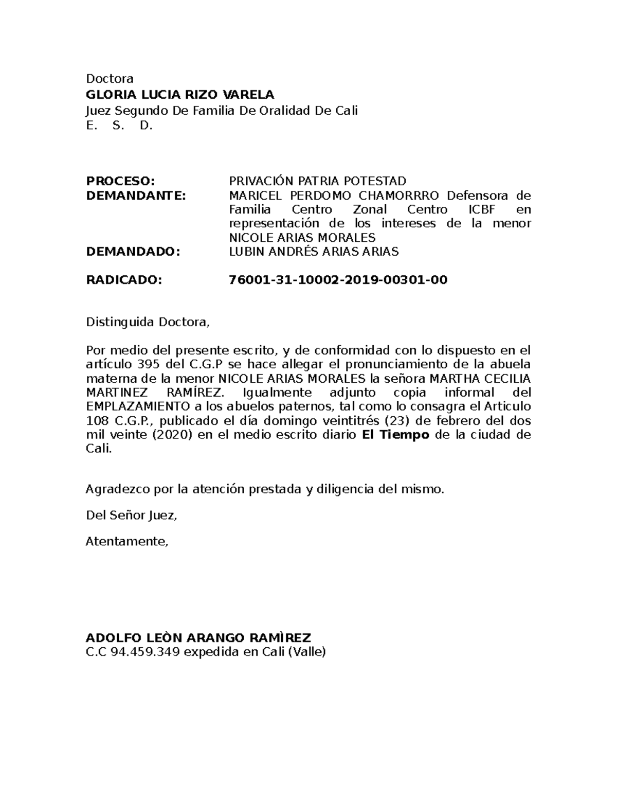 Emplazamiento - Doctora GLORIA LUCIA RIZO VARELA Juez Segundo De ...