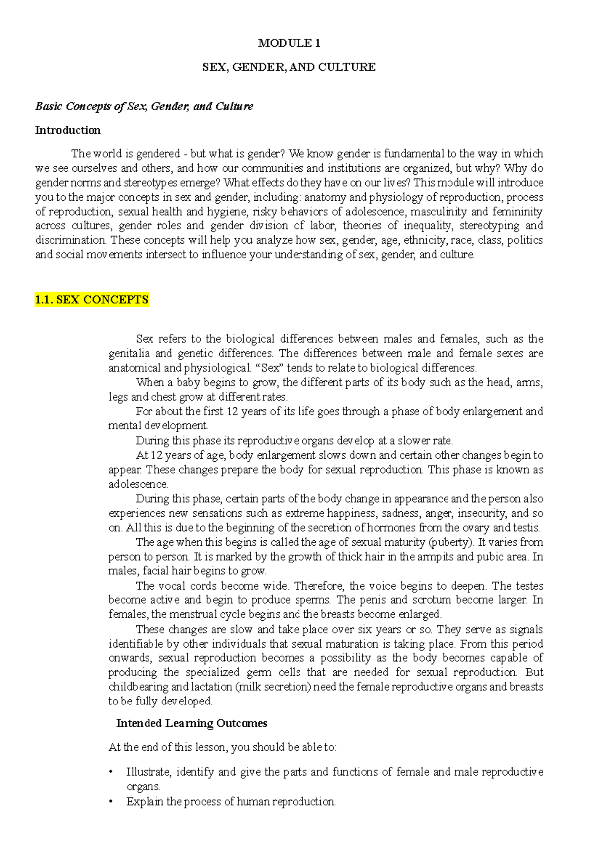 Sex Concepts Gender And Society Materials Module 1 Sex Gender And Culture Basic Concepts