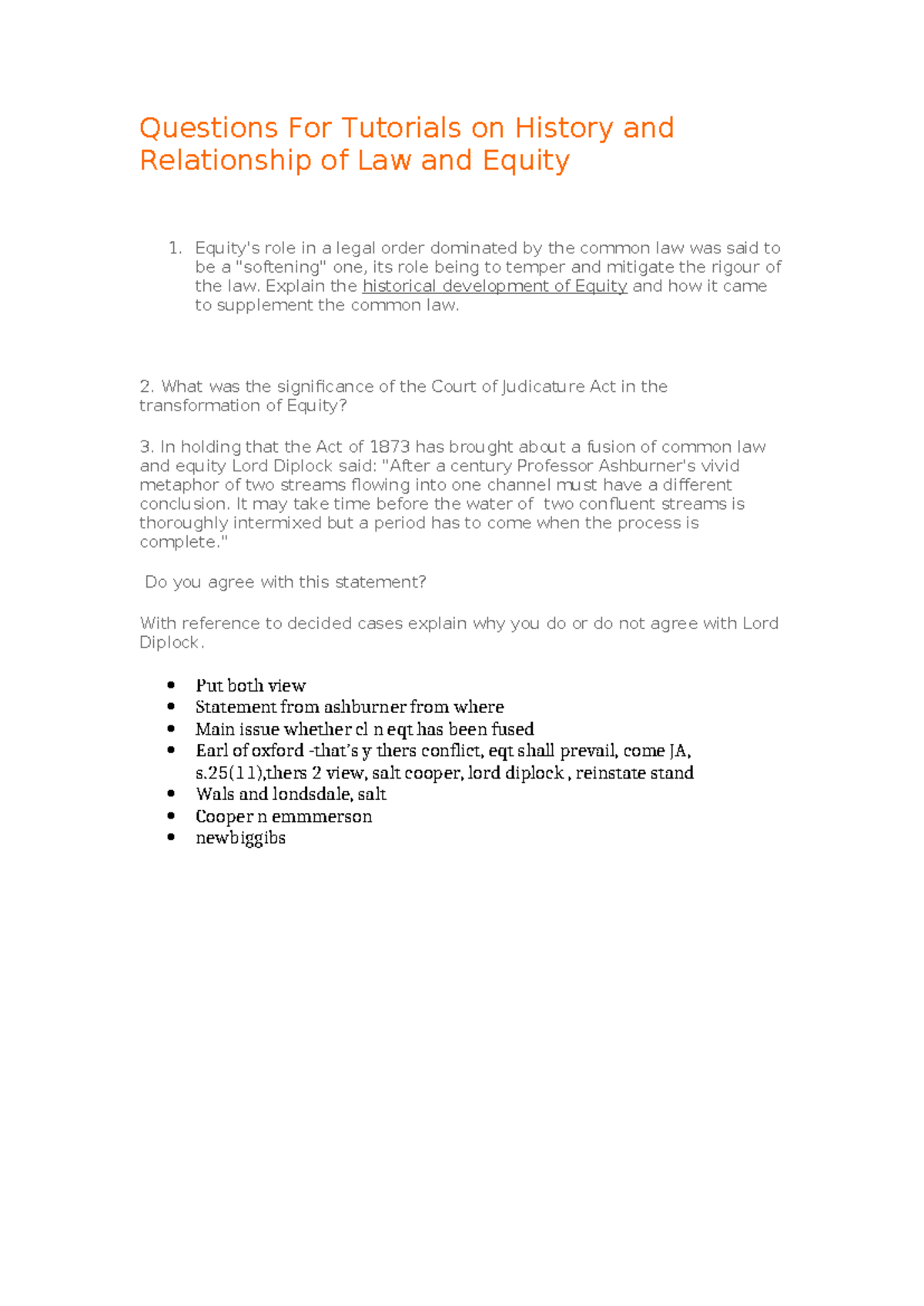 Questions For Tutorials on History and Relationship of Law and Equity ...