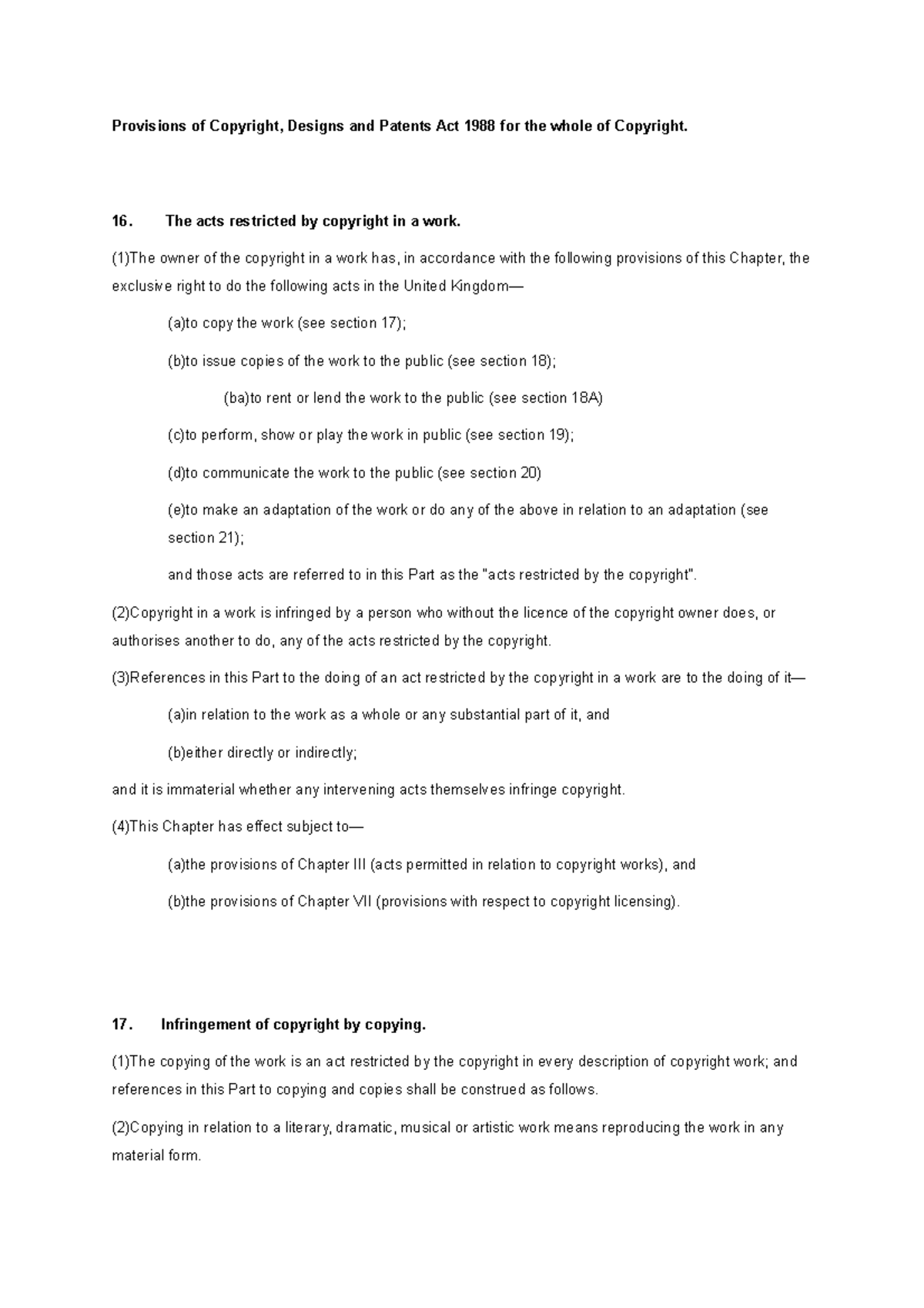 S16-27 CDPA 1988 - Summary of all statute provisions covering copyright ...