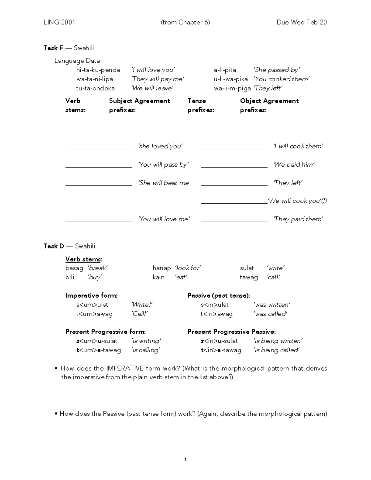 HW-morphology - homework sheets Professor Jon Nissenbaum - LING 2001 ...