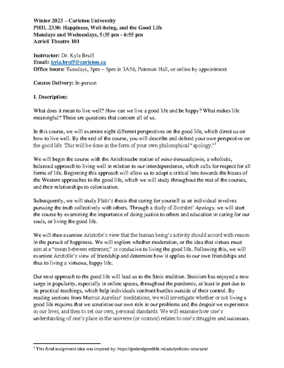Final 2023 Winter - Kyla Bruff - PHIL 2330 - Happiness, Well-being and the good life - Winter ...