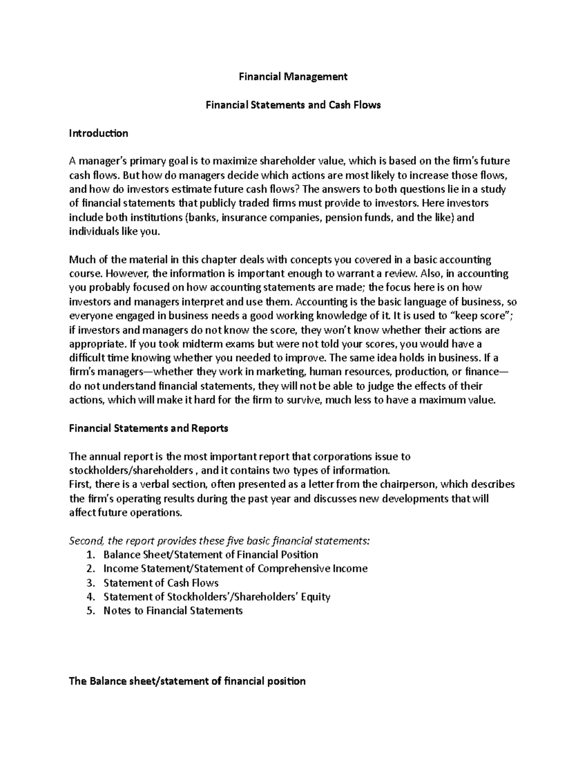 Financial Statements and Cash Flows - Financial Management Financial ...