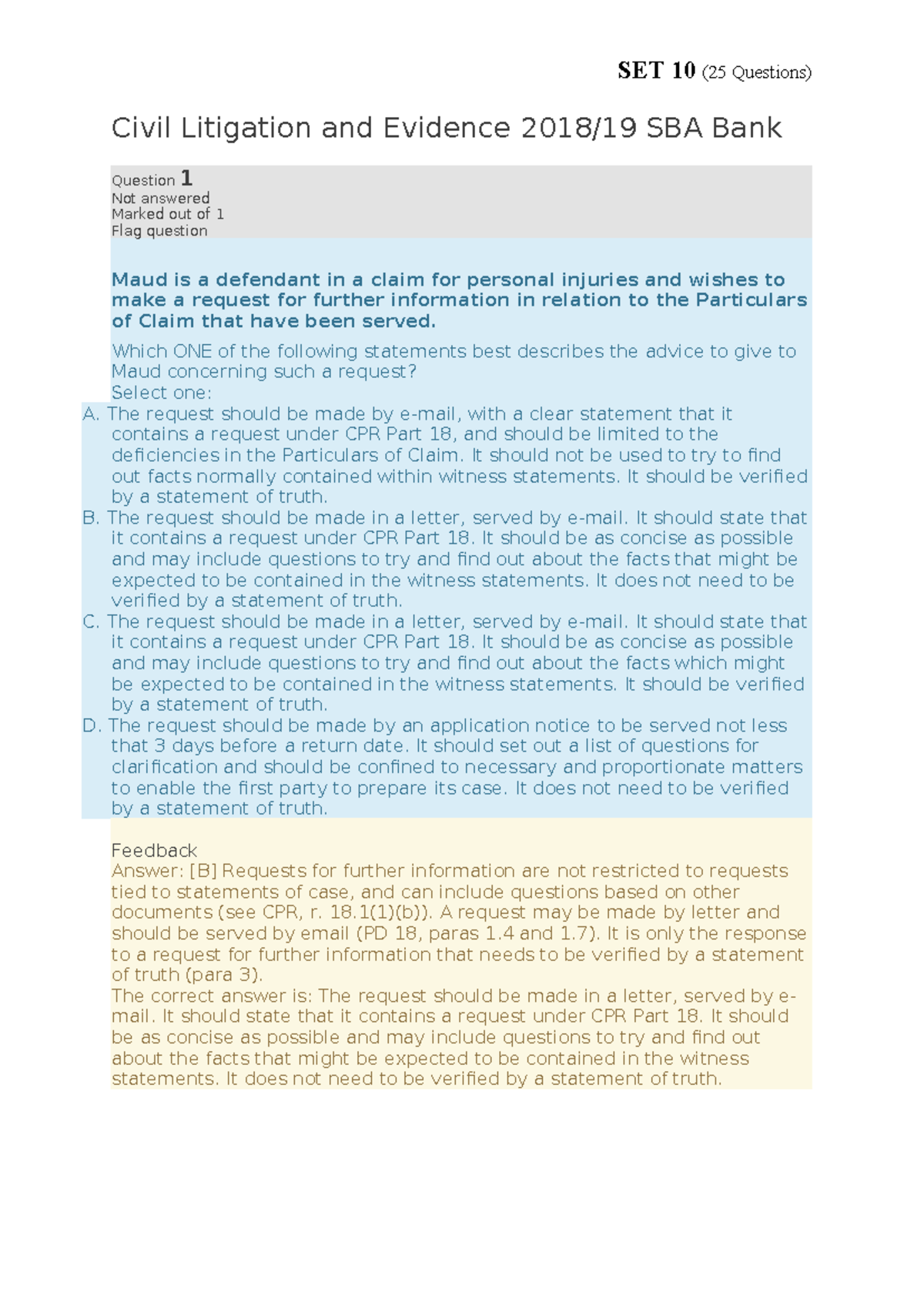 SET 10 of 25 Civil Q - Past papers - Civil Litigation and Evidence 2018 ...