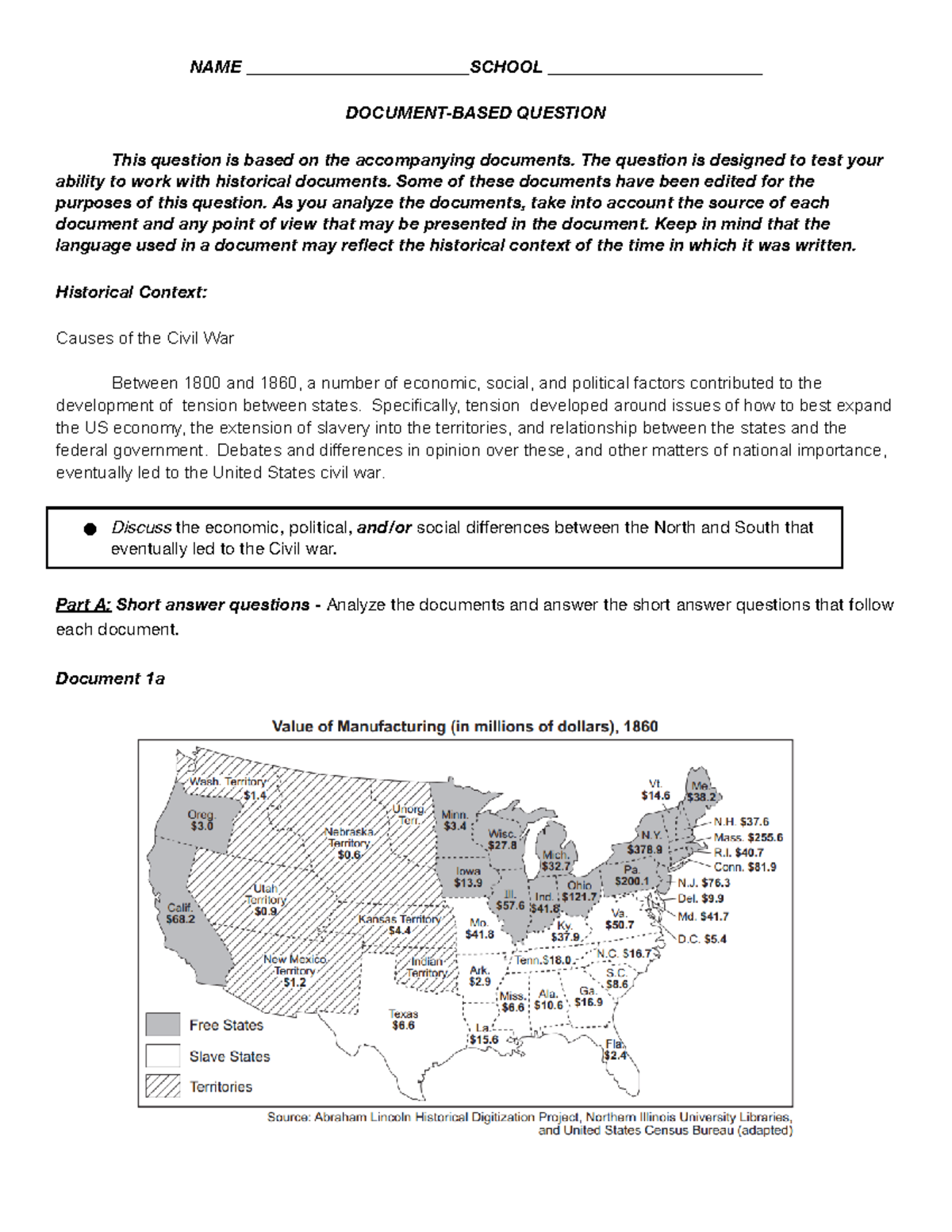 Causes of the Civil War Reading and Questions - NAME ...