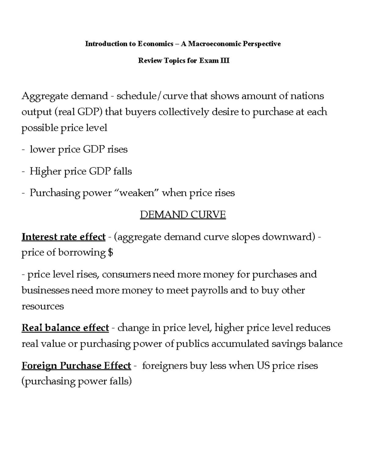 Macroeconomics Exam III Review - Introduction to Economics – A ...