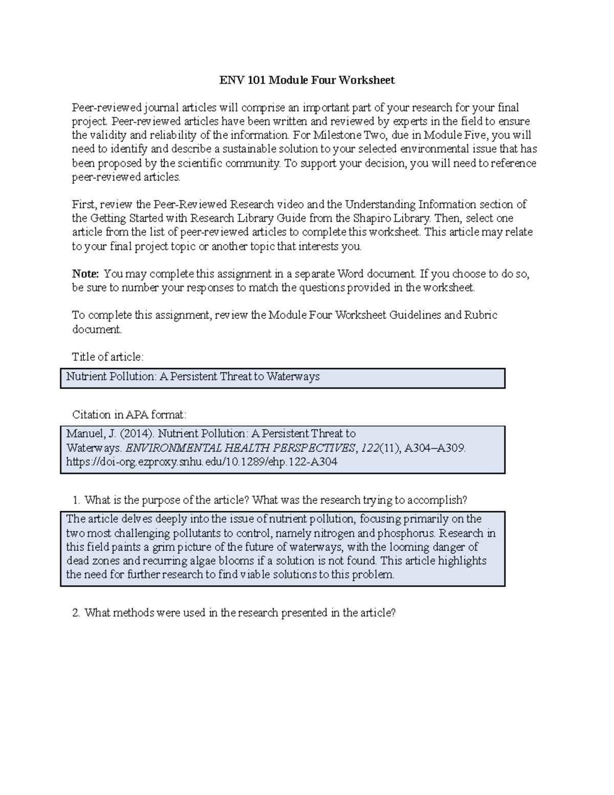 ENV 101 Module Four Worksheet - ENV 101 Module Four Worksheet Peer ...