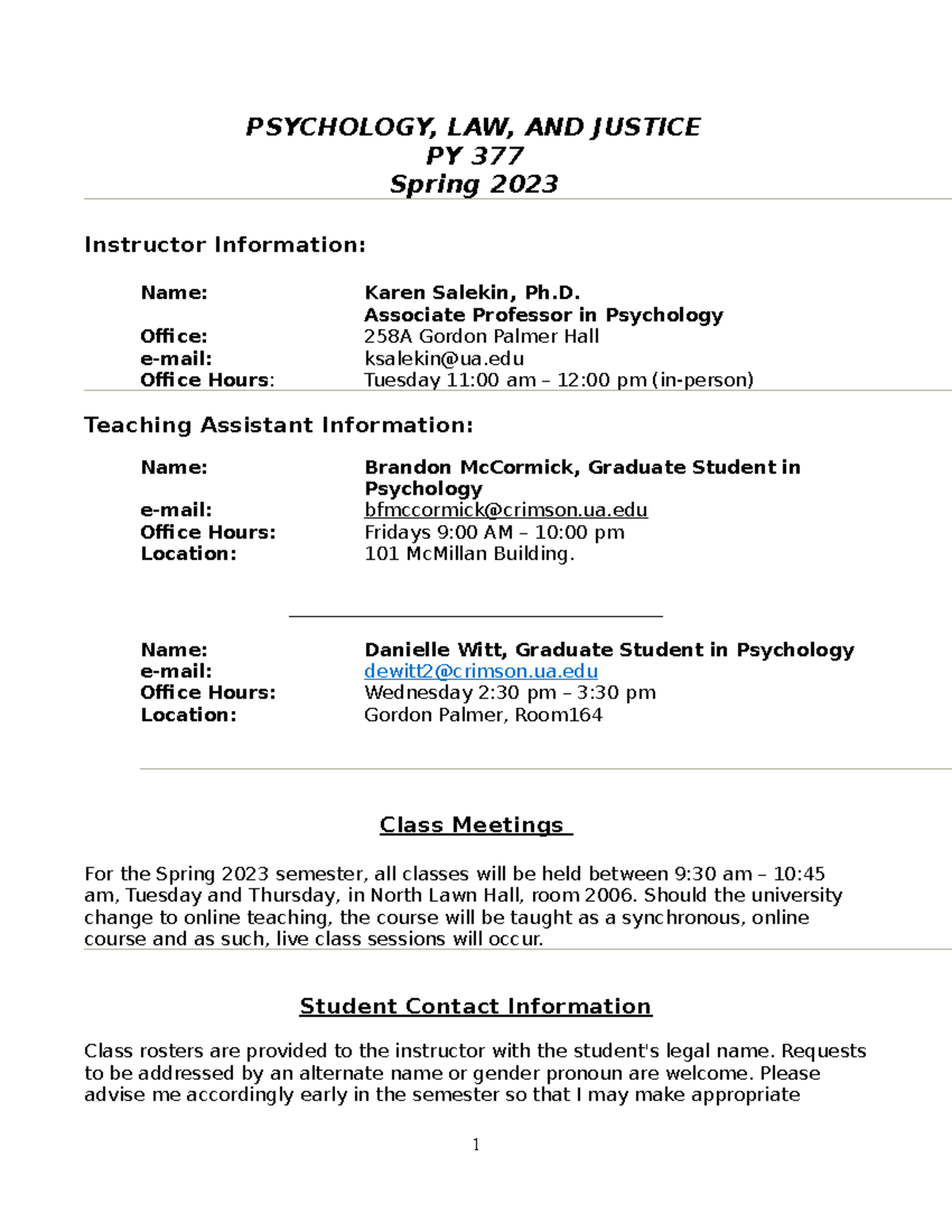Syllabus PY 377 - Spring 2023 - PSYCHOLOGY, LAW, AND JUSTICE PY 377 ...