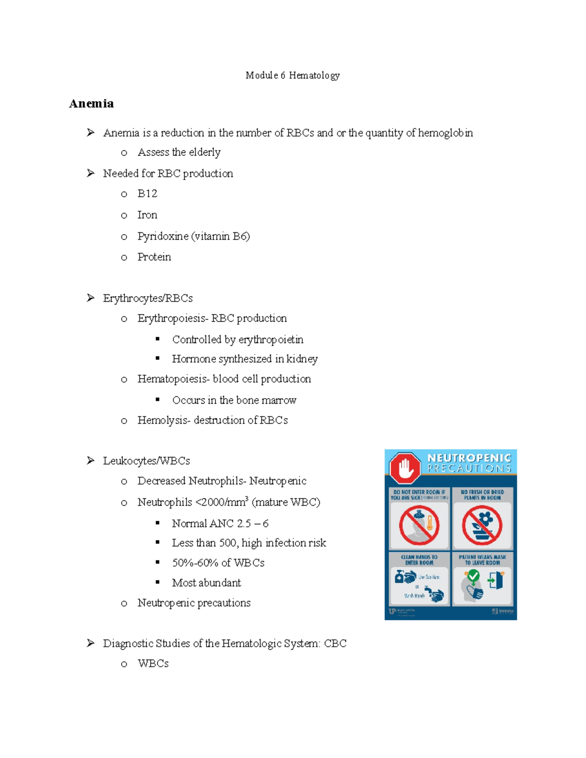 Module 6 Hematology - Notes - Module 6 Hematology Anemia Anemia is a ...
