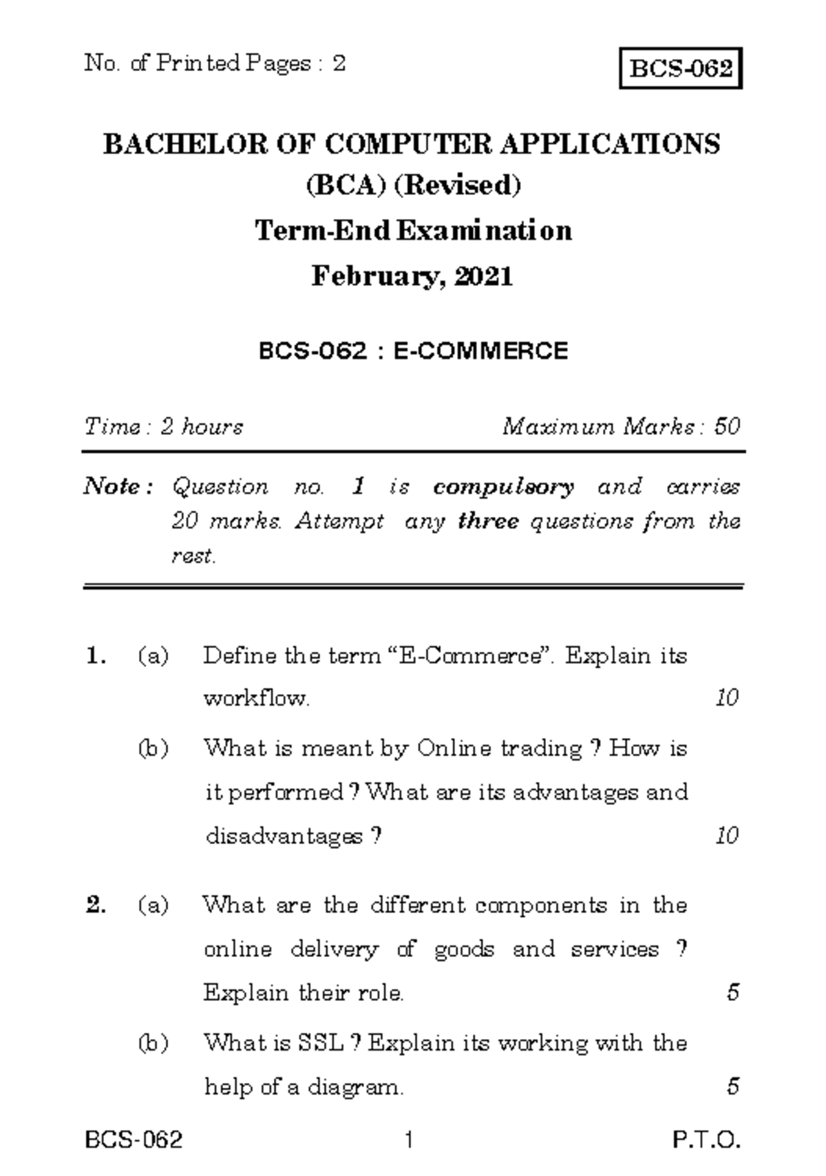 BCS-62 - previous year question - BCS-062 1 P.T. BCS- BACHELOR OF COMPUTER APPLICATIONS (BCA ...