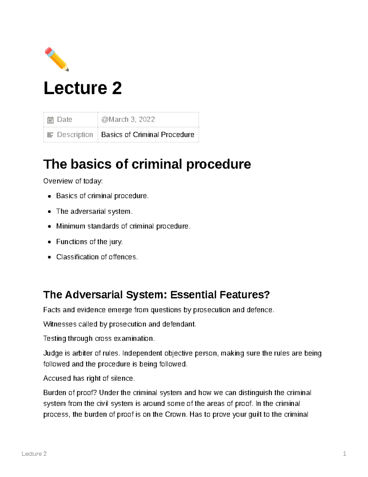 Lecture 2 summary - Lecture 2 Date Description Basics of Criminal ...