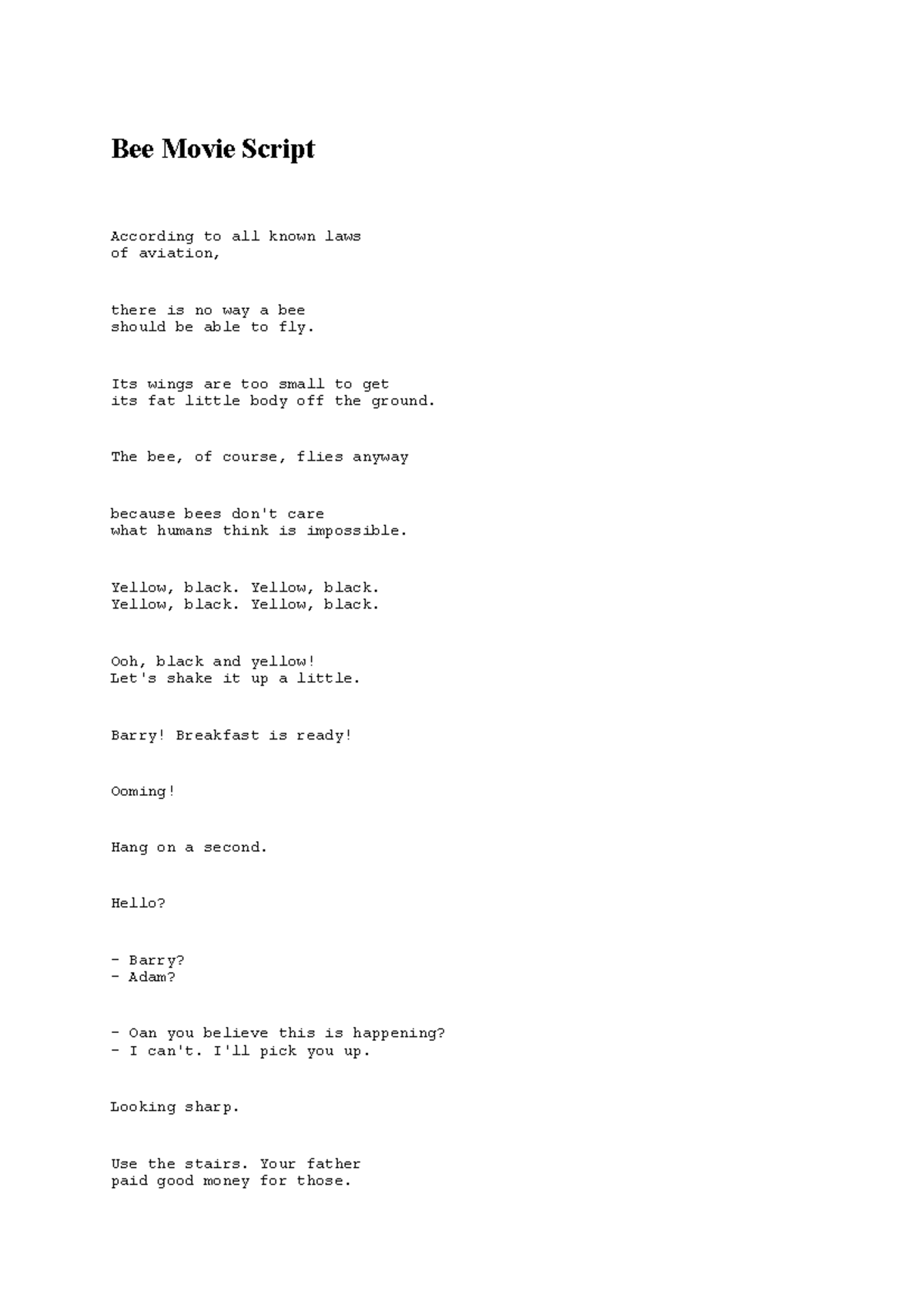 Bee Movie - Movie script - Bee Movie Script According to all known ...
