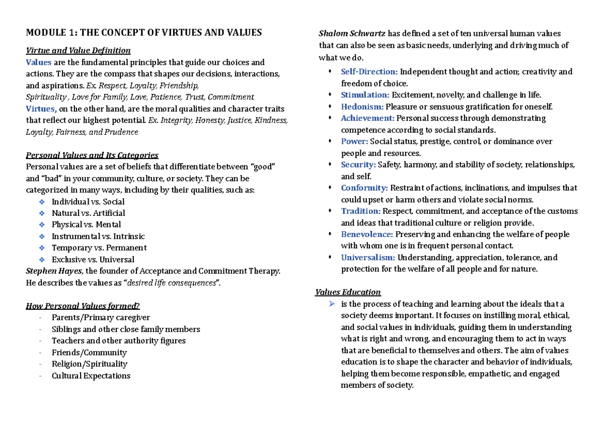 Module 1 VED - MODULE 1: THE CONCEPT OF VIRTUES AND VALUES Virtue and Value Definition Values ...