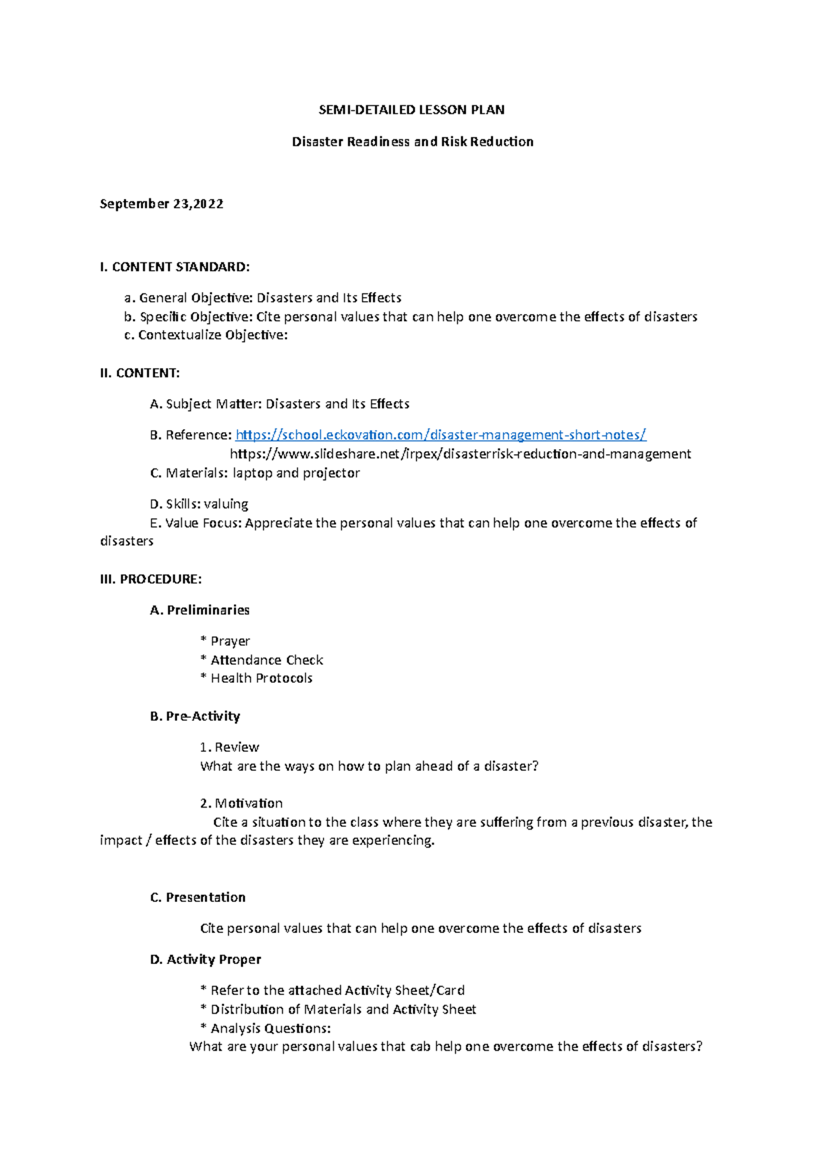 Semi-Detailed-Lesson-Plan DRRR 3 - SEMI-DETAILED LESSON PLAN Disaster ...