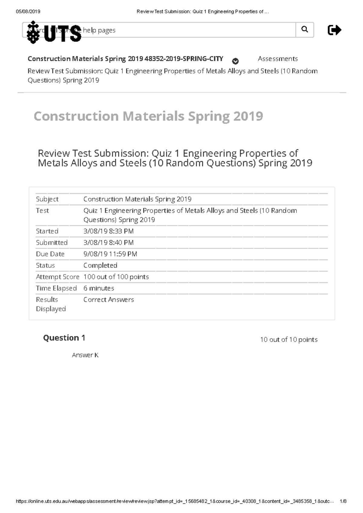 Quiz 1 Engineering Properties of Metals Alloys and Steels - Review Test ...