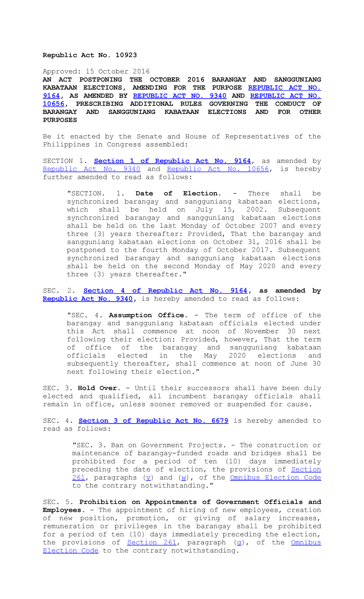 RA 10923 Posponment of Brgy. Elections to May 14, 2018 - Republic Act ...