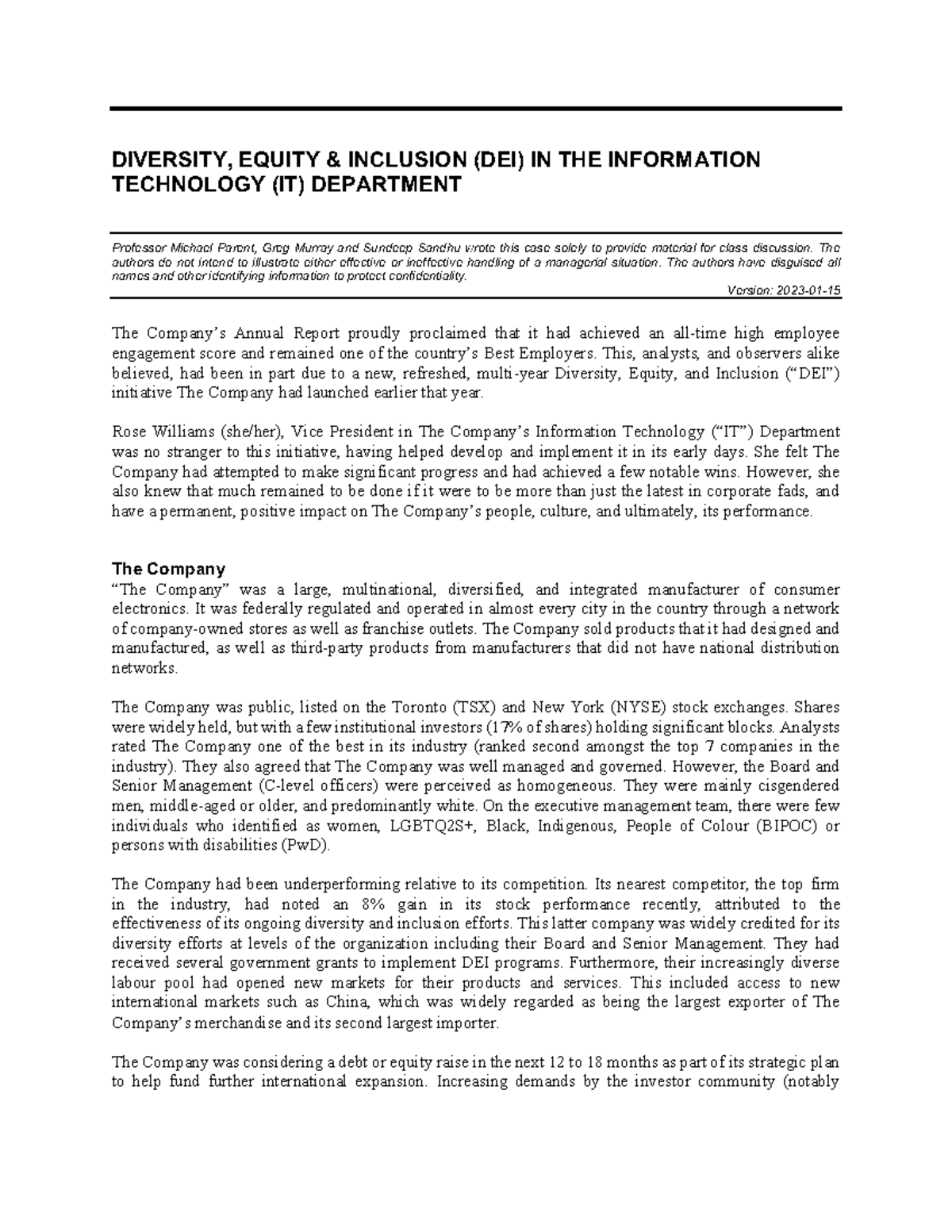 Case Study - itm 735 - DIVERSITY, EQUITY & INCLUSION (DEI) IN THE ...