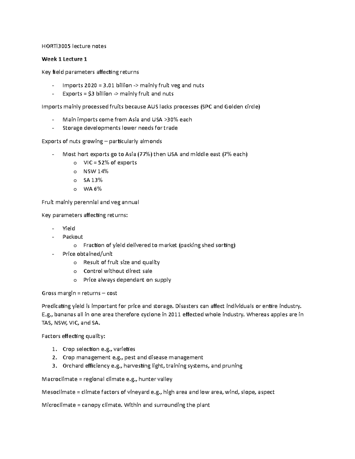 HORT3005 brief dot point notes from lectures - HORTl3005 lecture notes ...