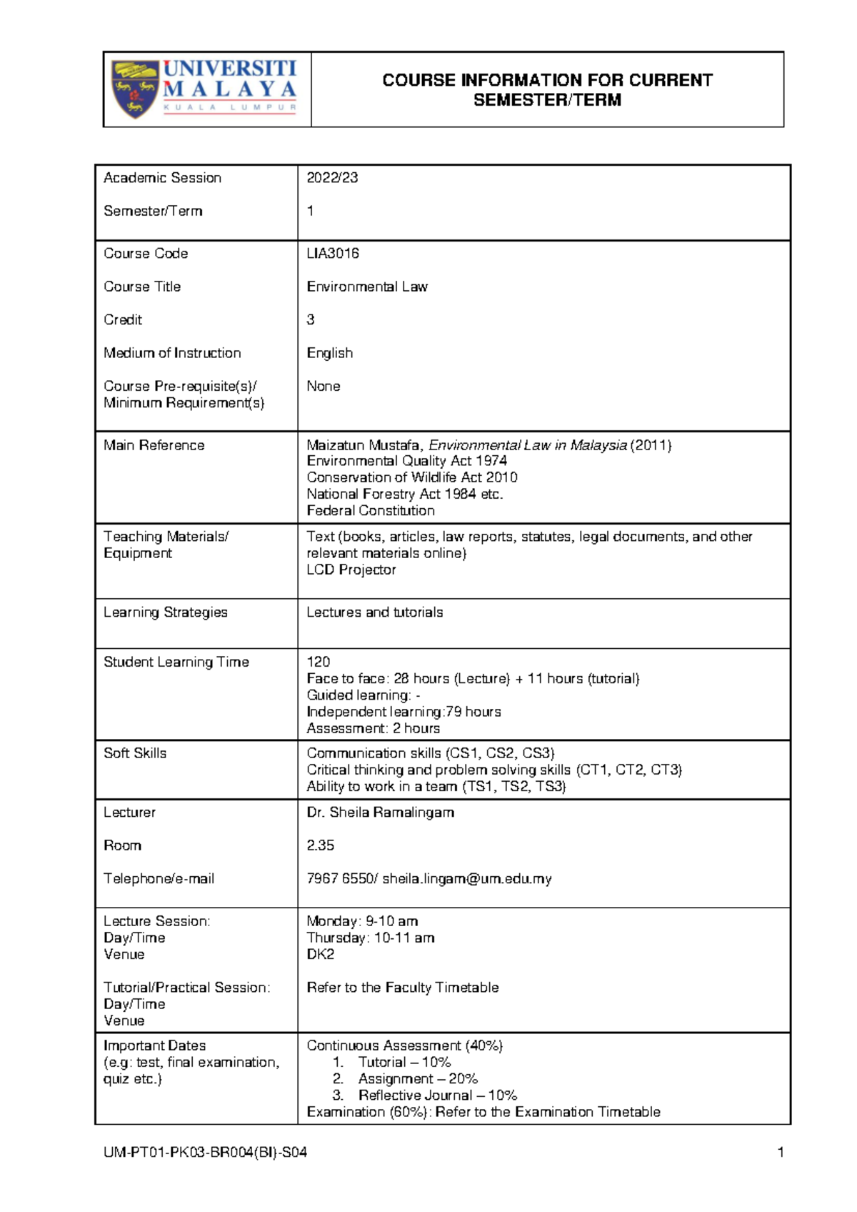 General Course Information - LIA 3016 - COURSE INFORMATION FOR CURRENT ...